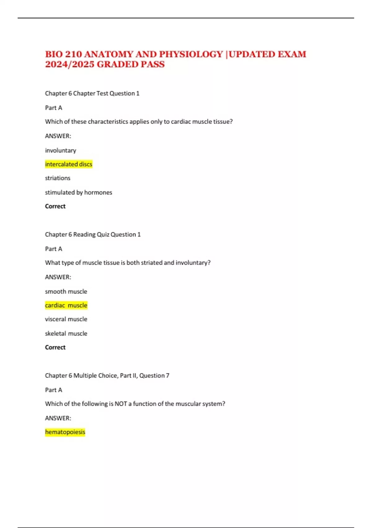 BIO 210 ANATOMY AND PHYSIOLOGY |UPDATED EXAM 2024/2025 GRADED PASS ...