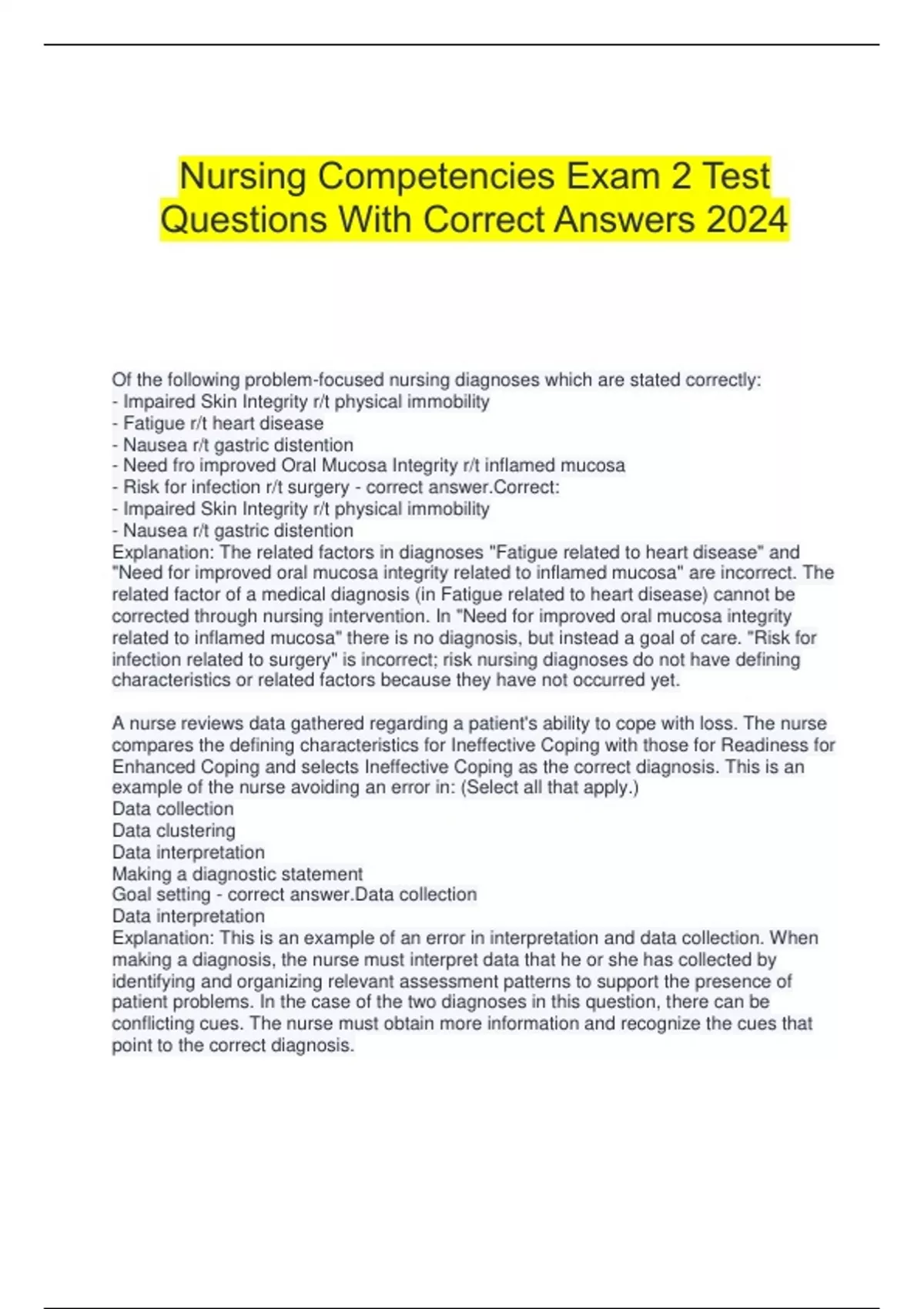 Nursing Competencies Exam 2 Test Questions With Correct Answers 2024 ...
