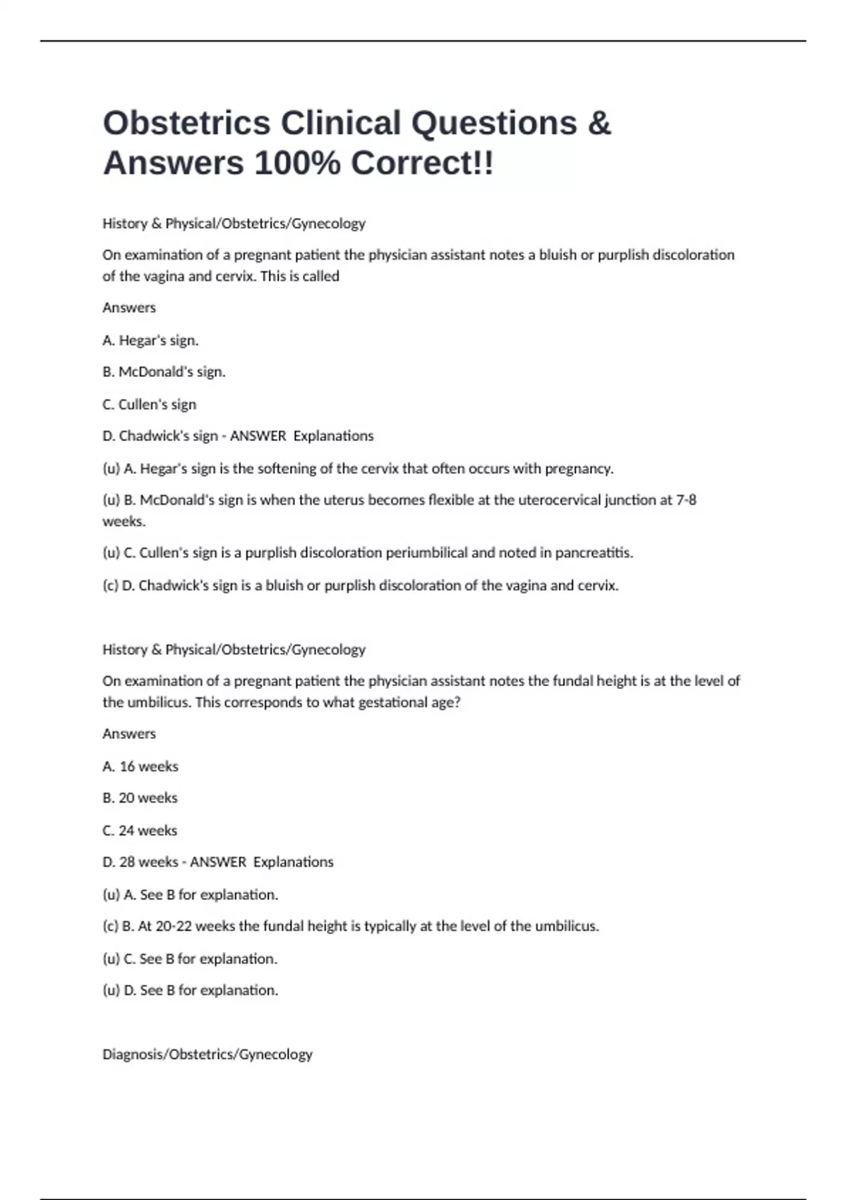 Obstetrics Clinical Questions & Answers 100% Correct!! - Obstetrics Clinical - Stuvia US