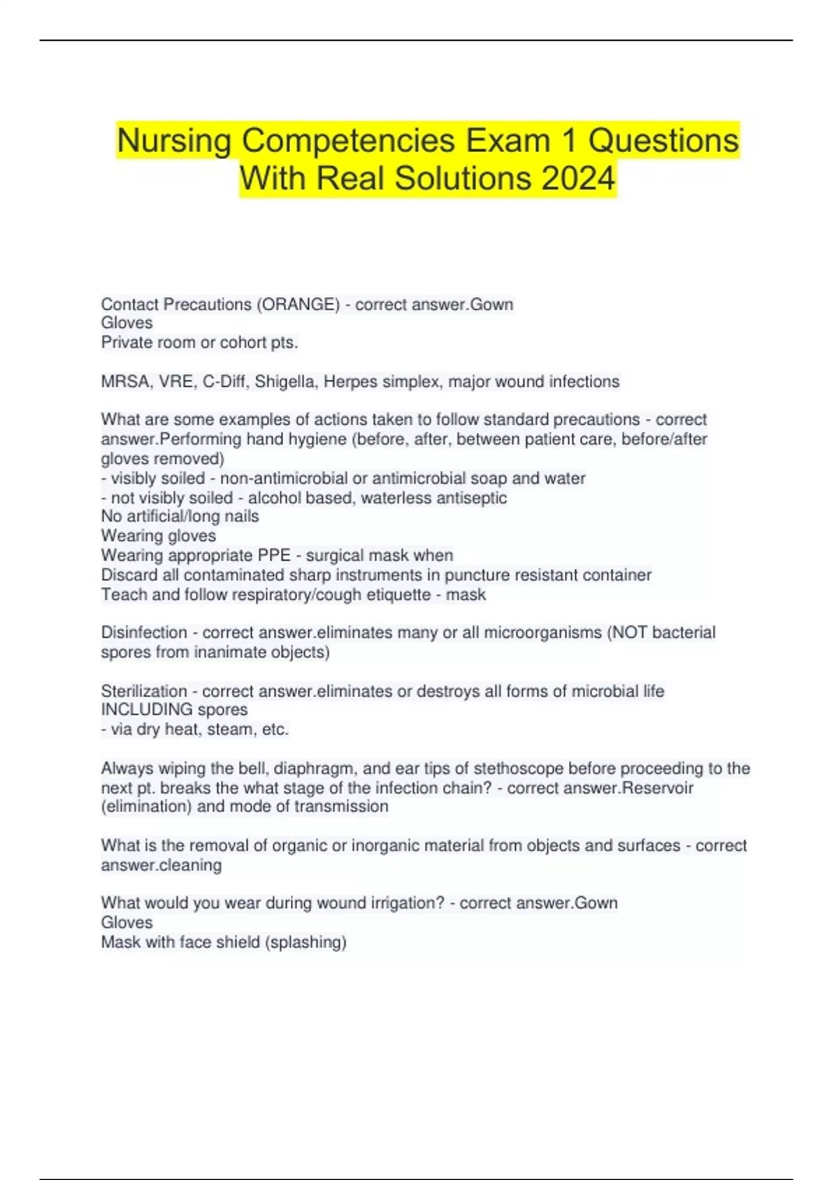 Nursing Competencies Exam 1 Questions With Real Solutions 2024 ...