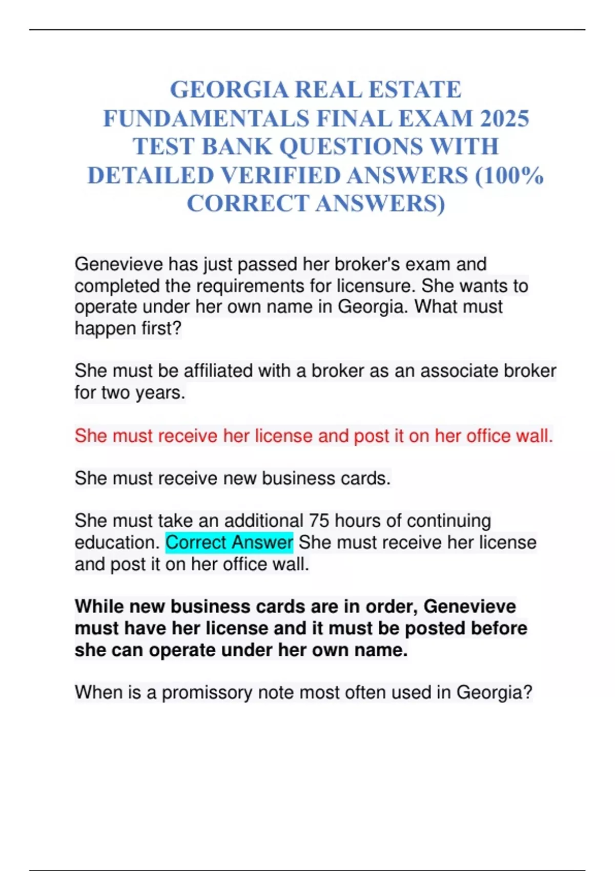 GEORGIA REAL ESTATE FUNDAMENTALS FINAL EXAM 2025 TEST BANK QUESTIONS ...