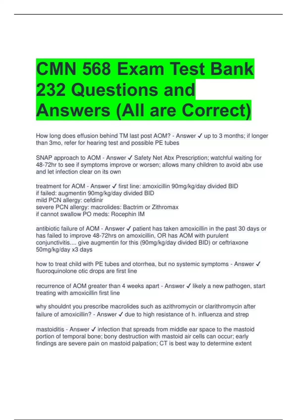 CMN 568 Exam Test Bank 232 Questions and Answers (All are Correct ...