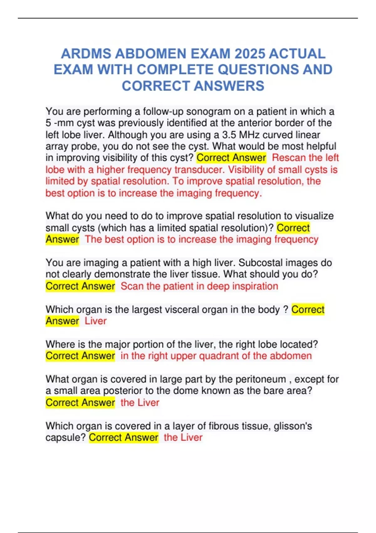 ARDMS ABDOMEN EXAM 2025 ACTUAL EXAM WITH COMPLETE QUESTIONS AND CORRECT ...