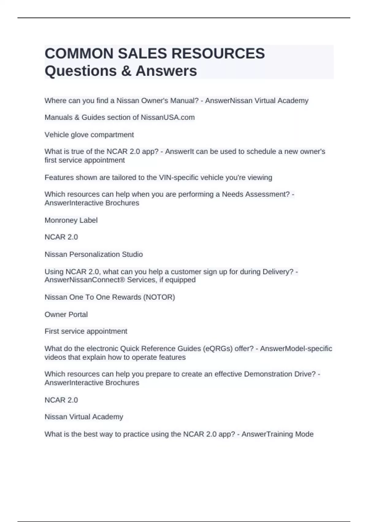 COMMON SALES RESOURCES Questions & Answers - COMMON SALES RESOURCES ...