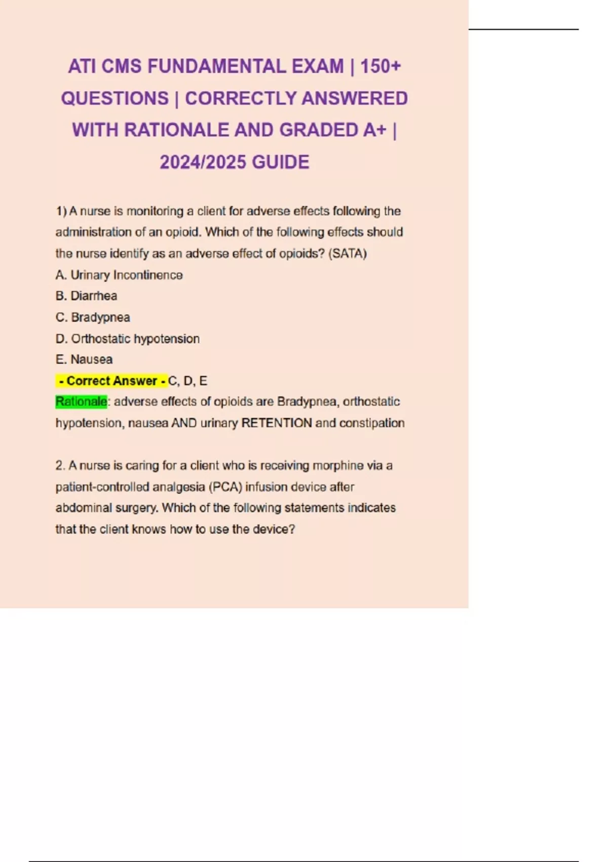 ATI CMS FUNDAMENTAL EXAM | 150+ QUESTIONS | CORRECTLY ANSWERED WITH ...