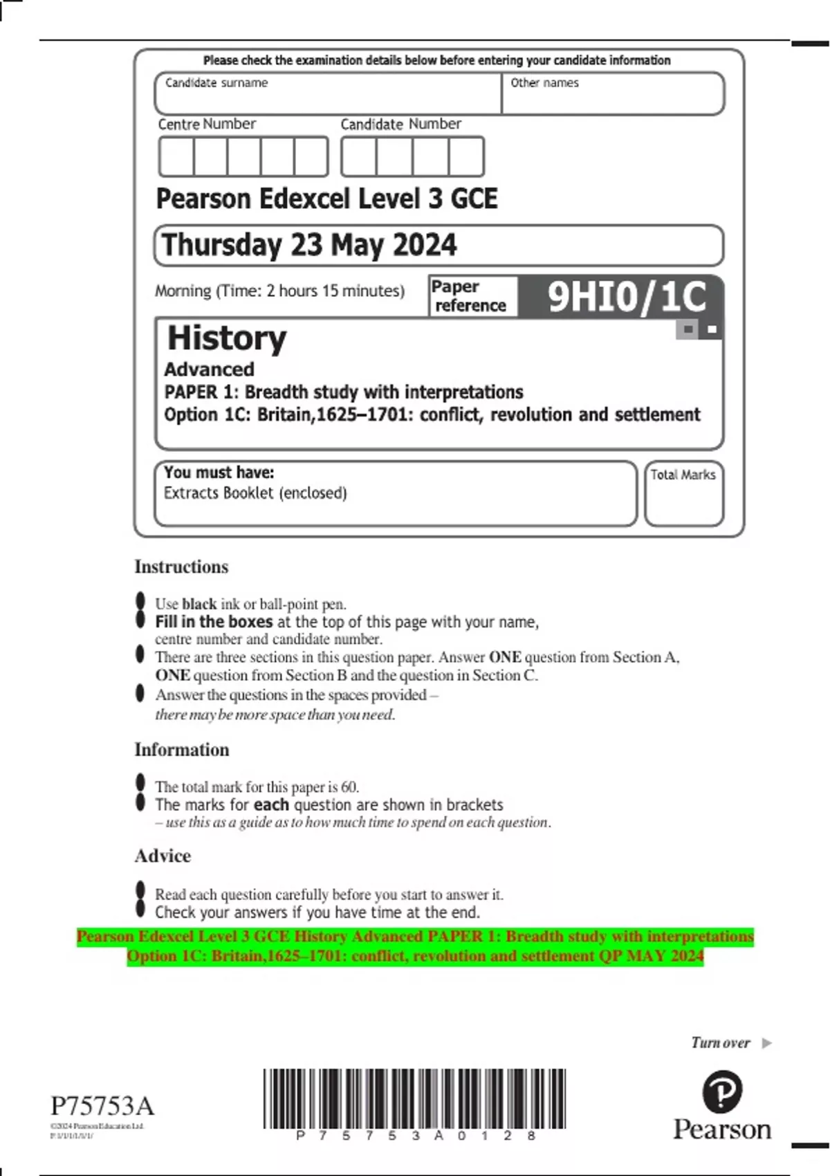 Pearson Edexcel Level 3 GCE History Advanced PAPER 1: Breadth study ...