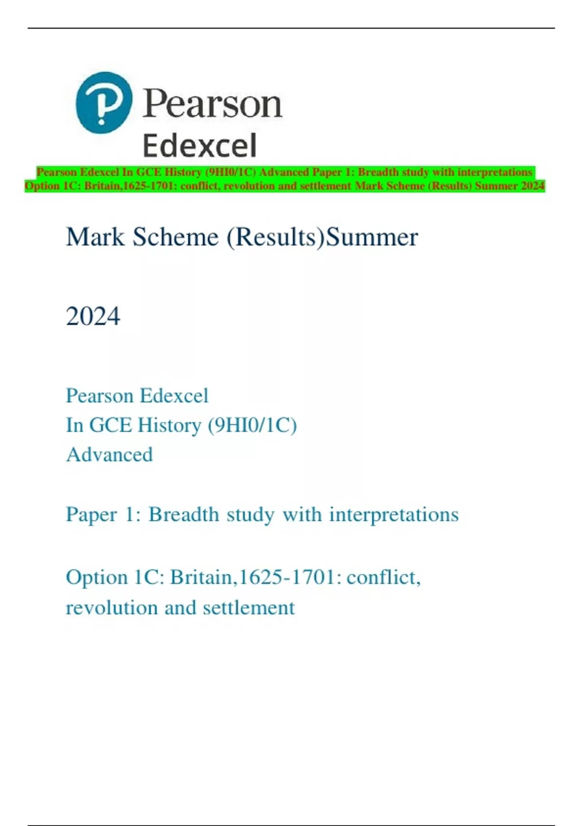 Pearson Edexcel In GCE History (9HI0/1C) Advanced Paper 1: Breadth ...