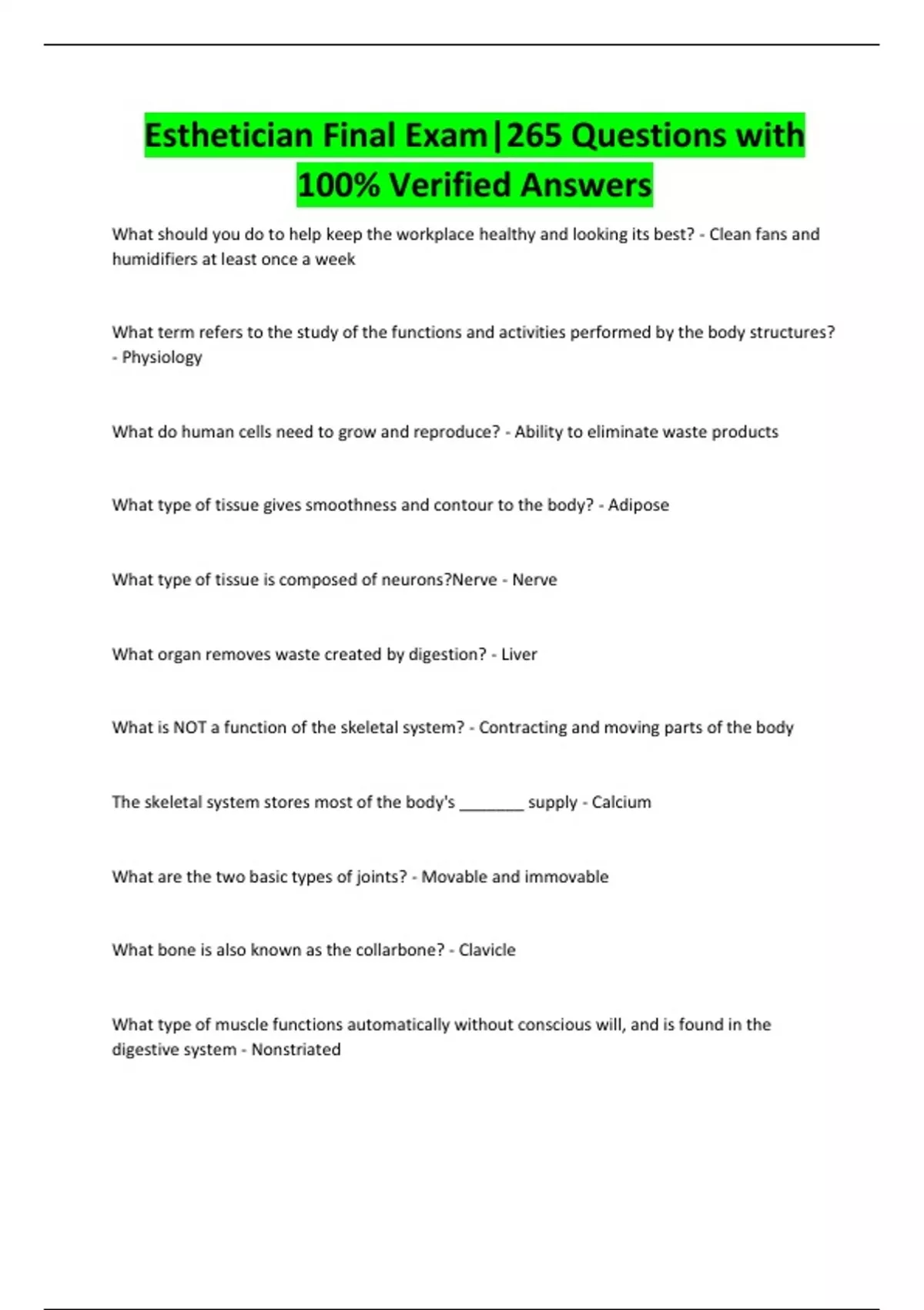 Esthetician Final Exam|265 Questions with 100% Verified Answers ...