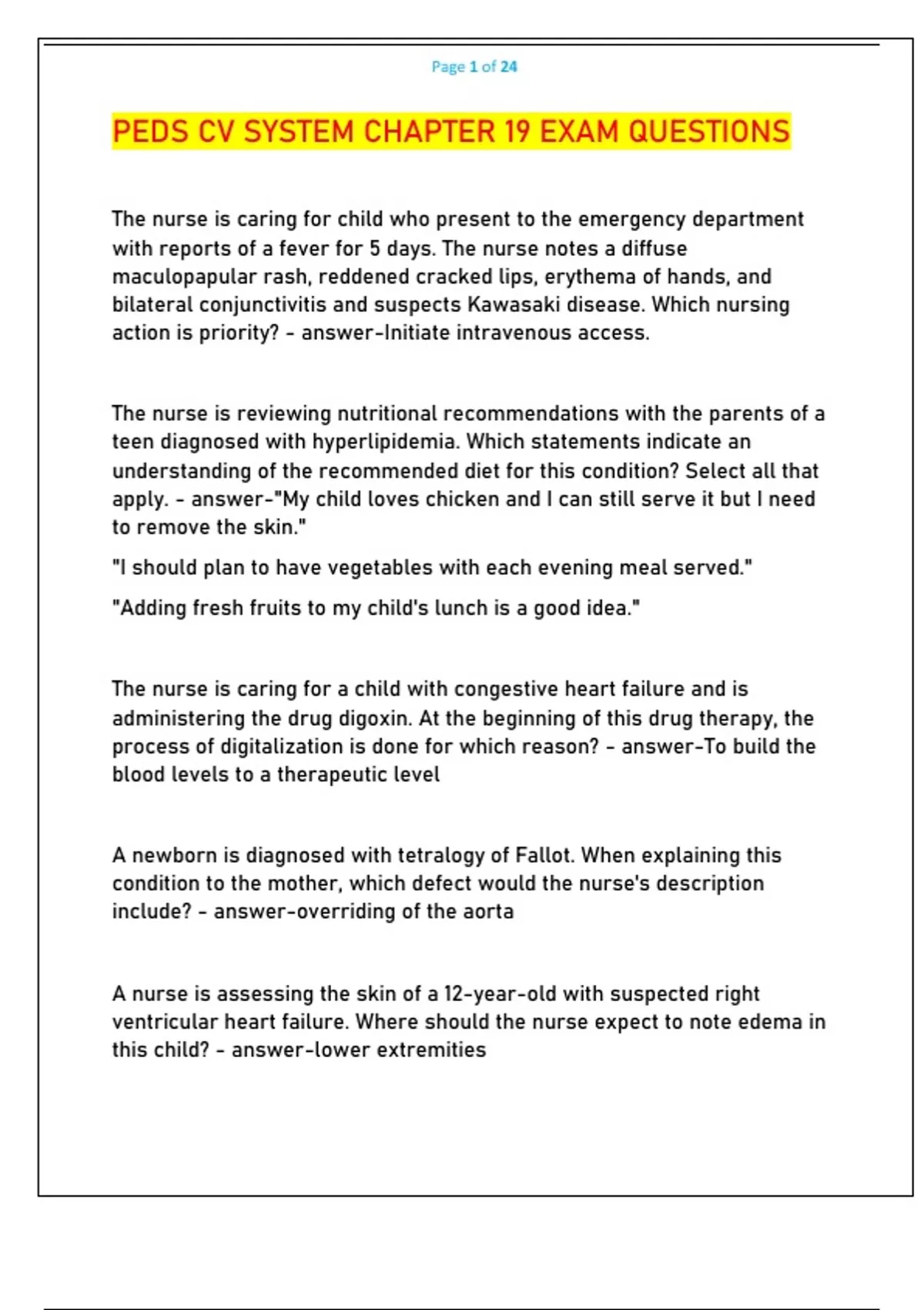 PEDS CV SYSTEM CHAPTER 19 EXAM QUESTIONS - PEDS CV SYTEM - Stuvia US