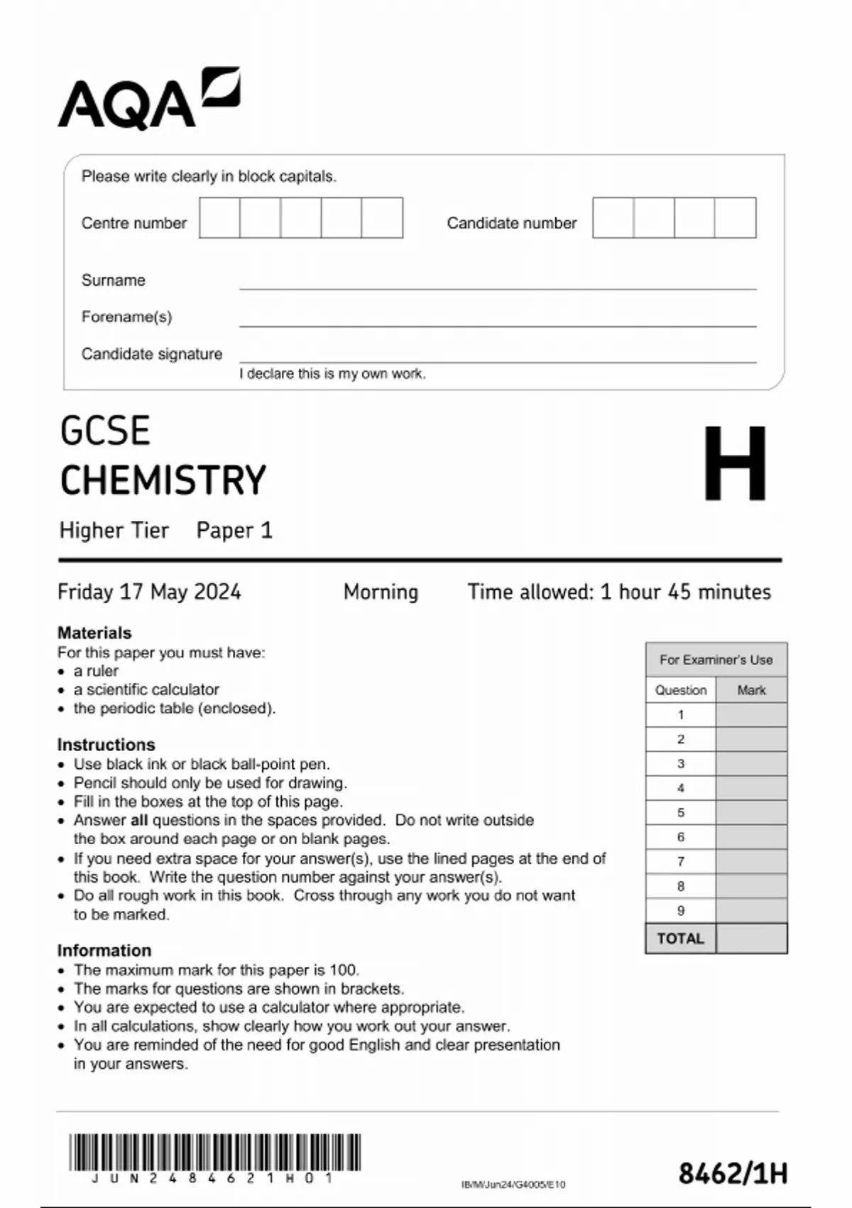 AQA GCSE CHEMISTRY Paper 1 QUESTION PAPER(8462/1H) Higher Tier 2024 ...
