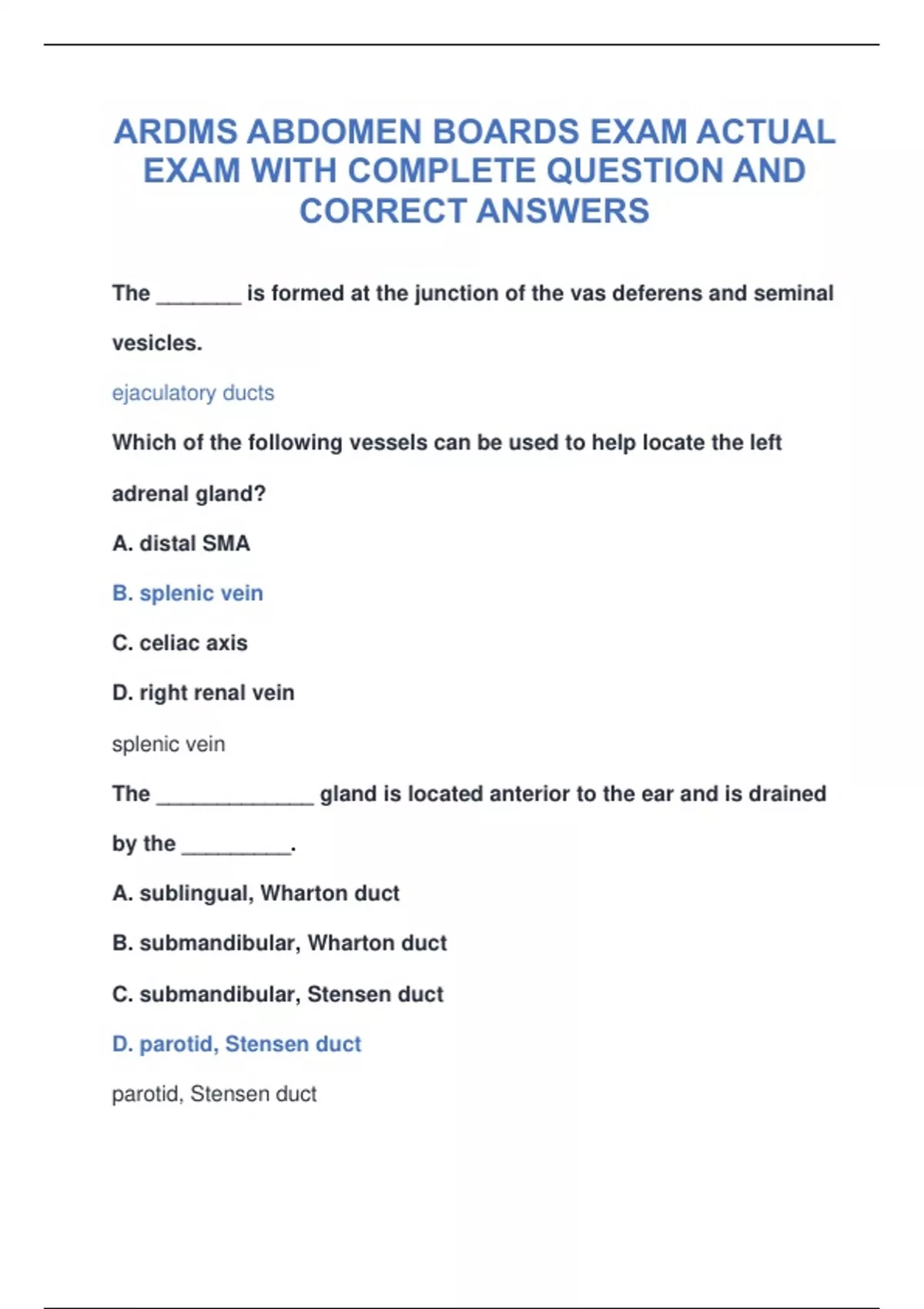 ARDMS ABDOMEN BOARDS EXAM ACTUAL EXAM WITH COMPLETE QUESTION AND ...