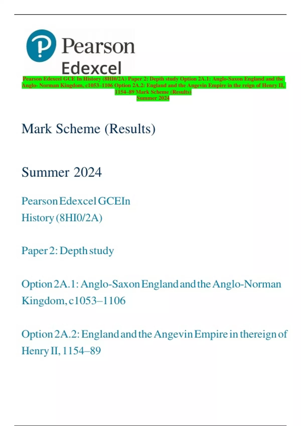 Pearson Edexcel GCE In History (8HI0/2A) Paper 2: Depth study Option 2A ...