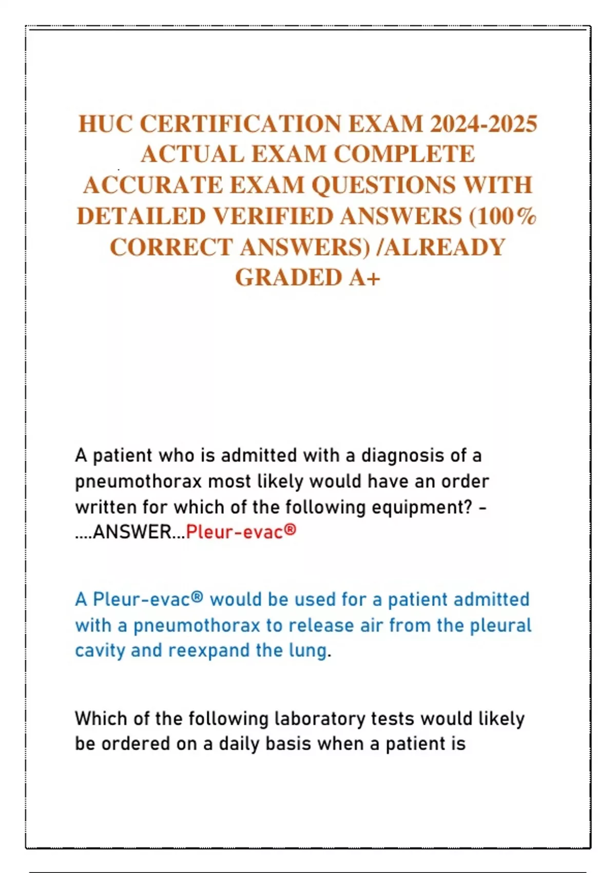 HUC CERTIFICATION EXAM ACTUAL EXAM COMPLETE ACCURATE EXAM QUESTIONS ...