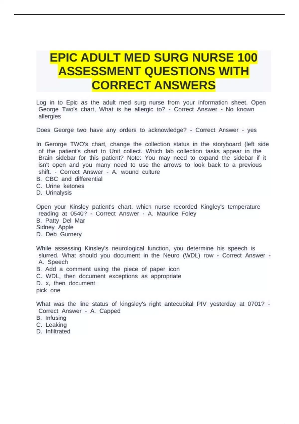 EPIC ADULT MED SURG NURSE 100 ASSESSMENT QUESTIONS WITH CORRECT ANSWERS ...