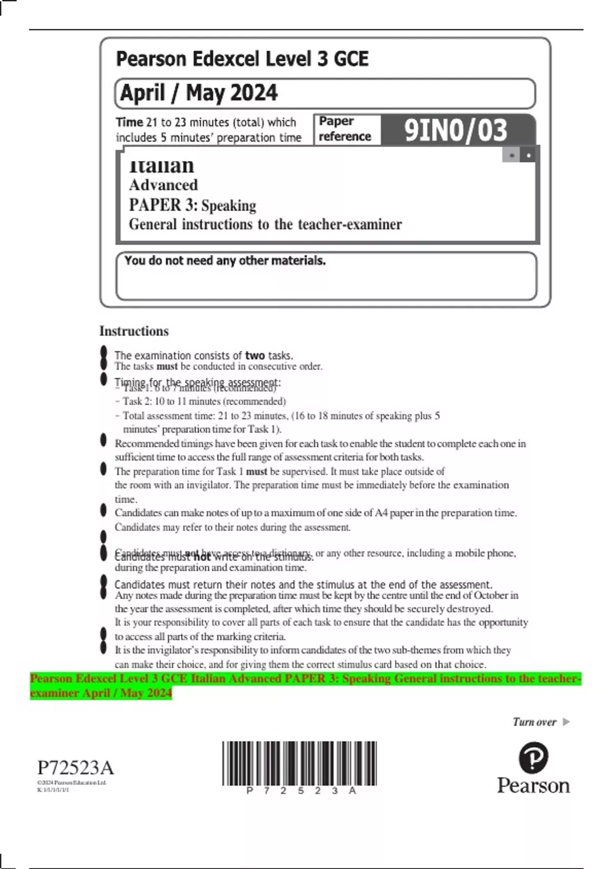 Pearson Edexcel Level 3 GCE Italian Advanced PAPER 3: Speaking General ...