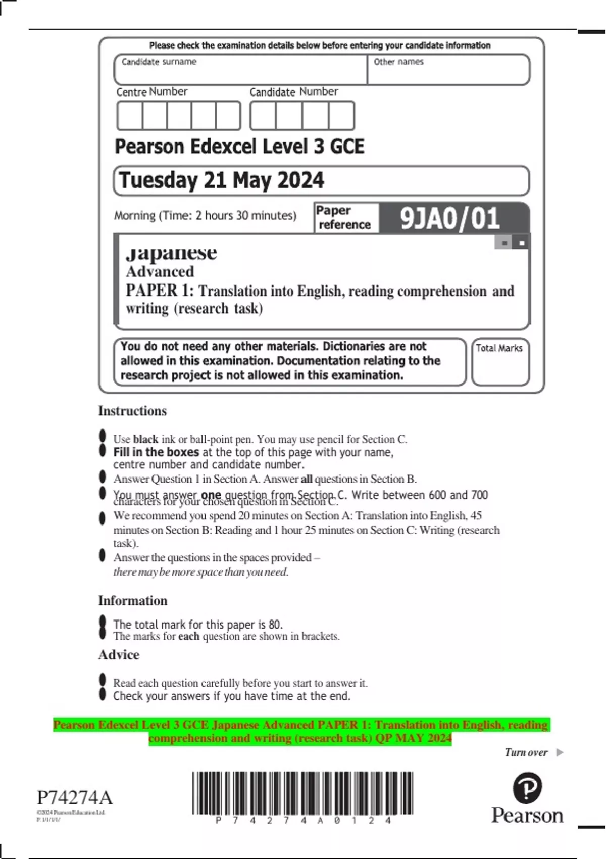 Pearson Edexcel Level 3 GCE Italian Advanced PAPER 3: Speaking General instructions to the ...