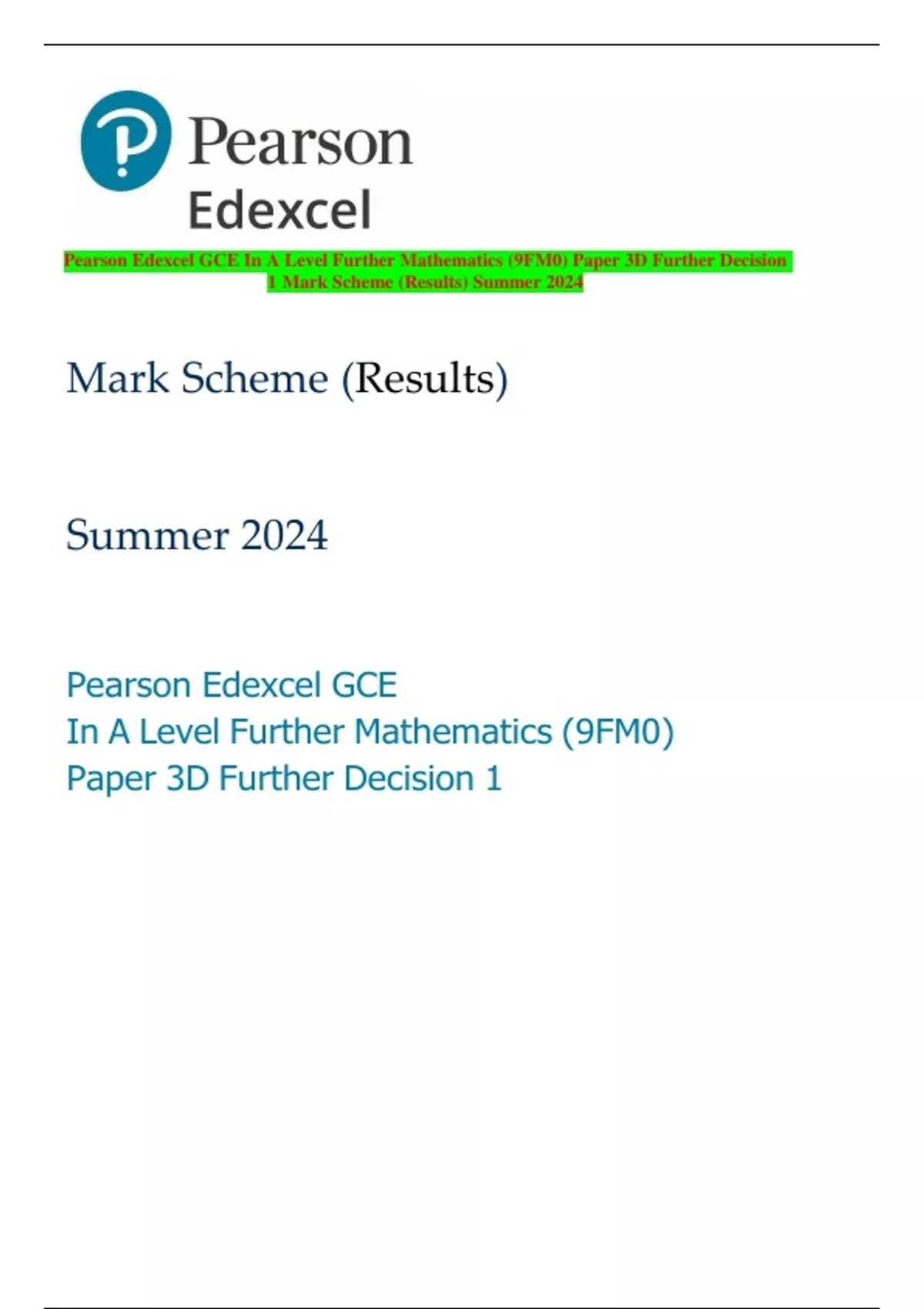 Pearson Edexcel GCE In A Level Further Mathematics (9FM0) Paper 3D ...