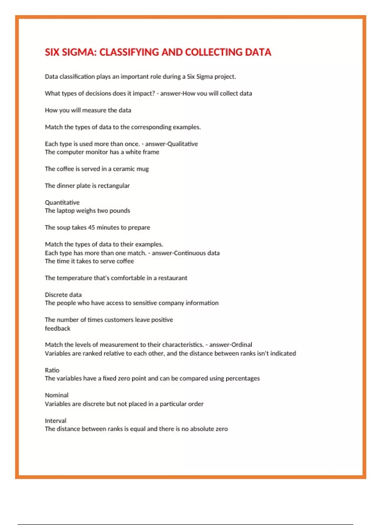 Sis Sigma: classifying and collecting data - Sis Sigma: classifying and collecting data - Stuvia US