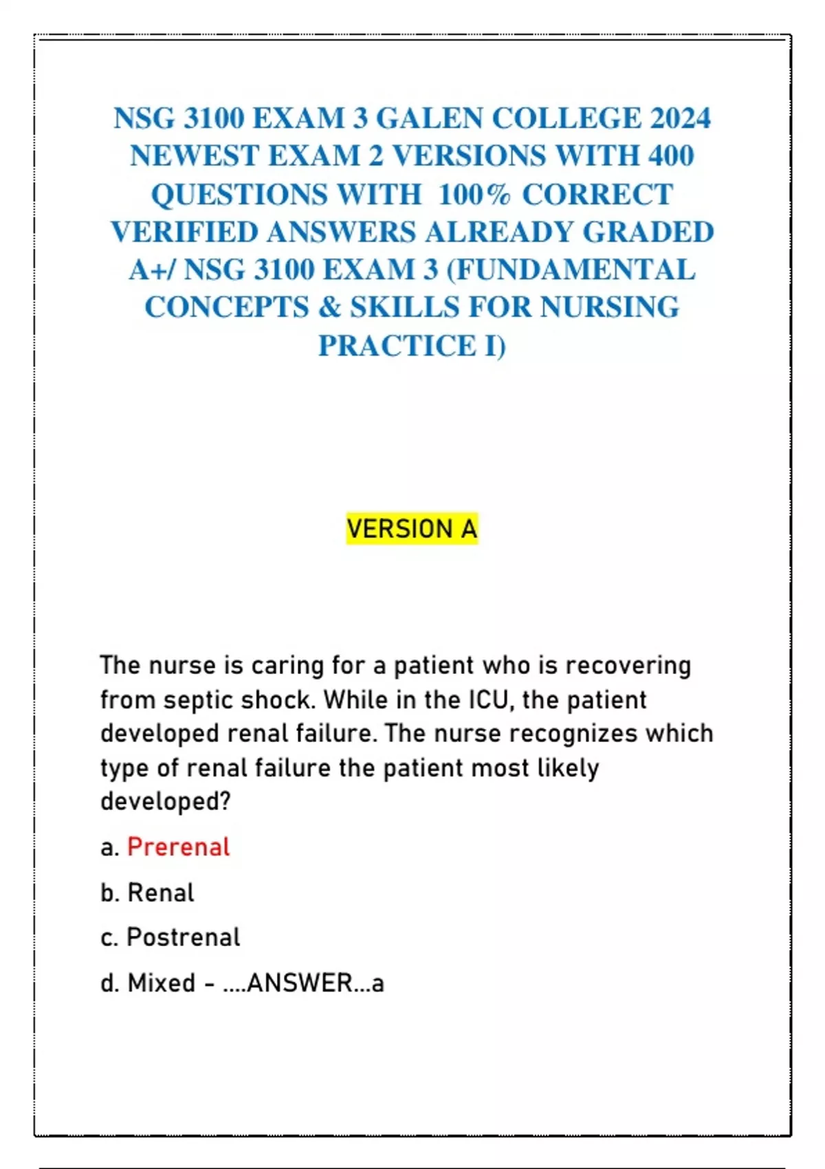 NSG 3100 EXAM 3 GALEN COLLEGE 2024 NEWEST EXAM 2 VERSIONS WITH 400 QUESTIONS WITH 100% CORRECT ...