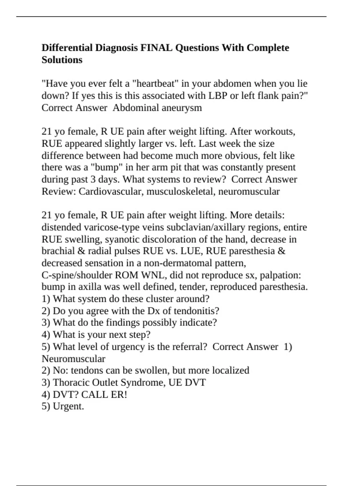 Differential Diagnosis FINAL Questions With Complete Solutions ...