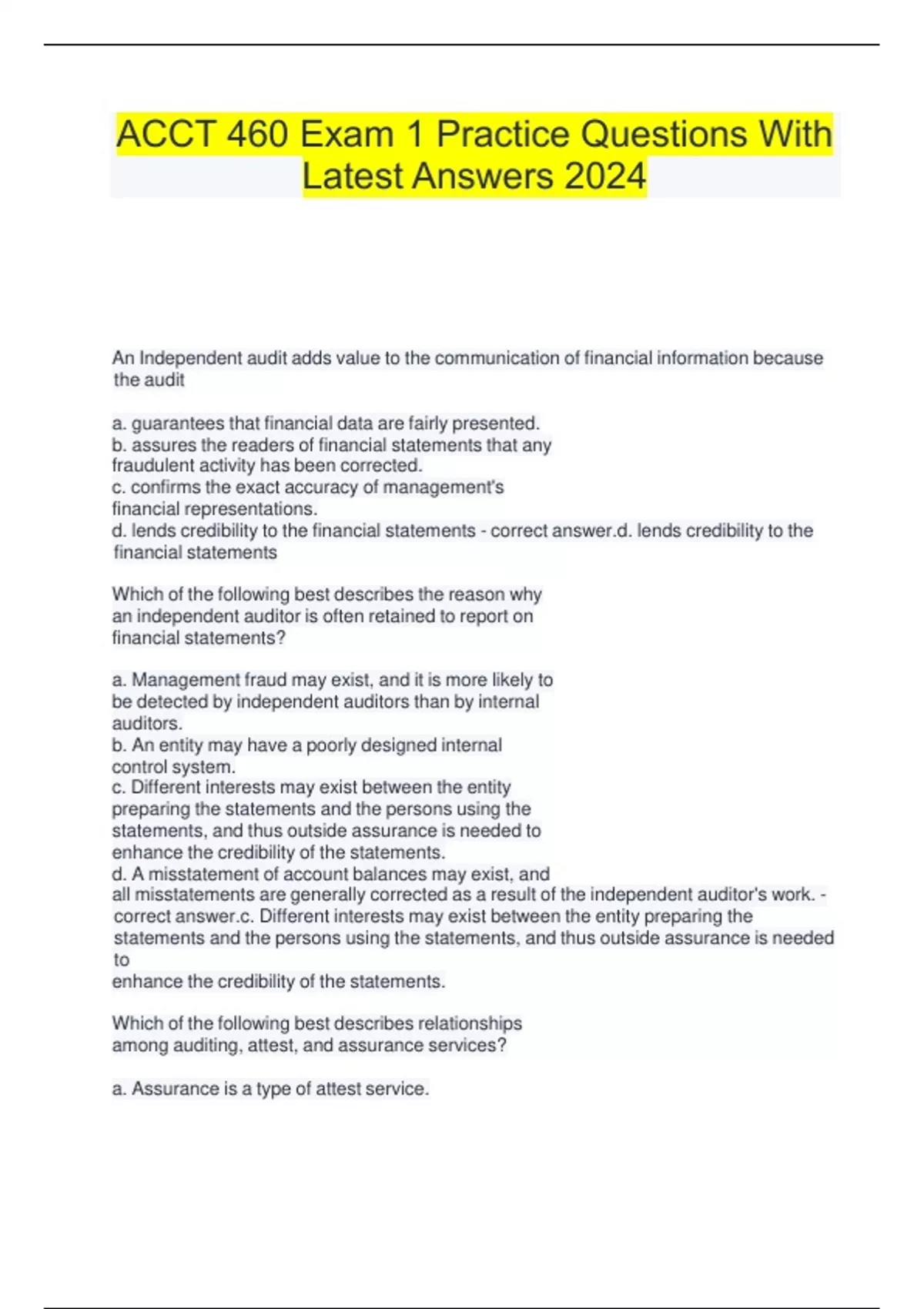 ACCT 460 Exam 1 Practice Questions With Latest Answers 2024 - ACCT 460 ...