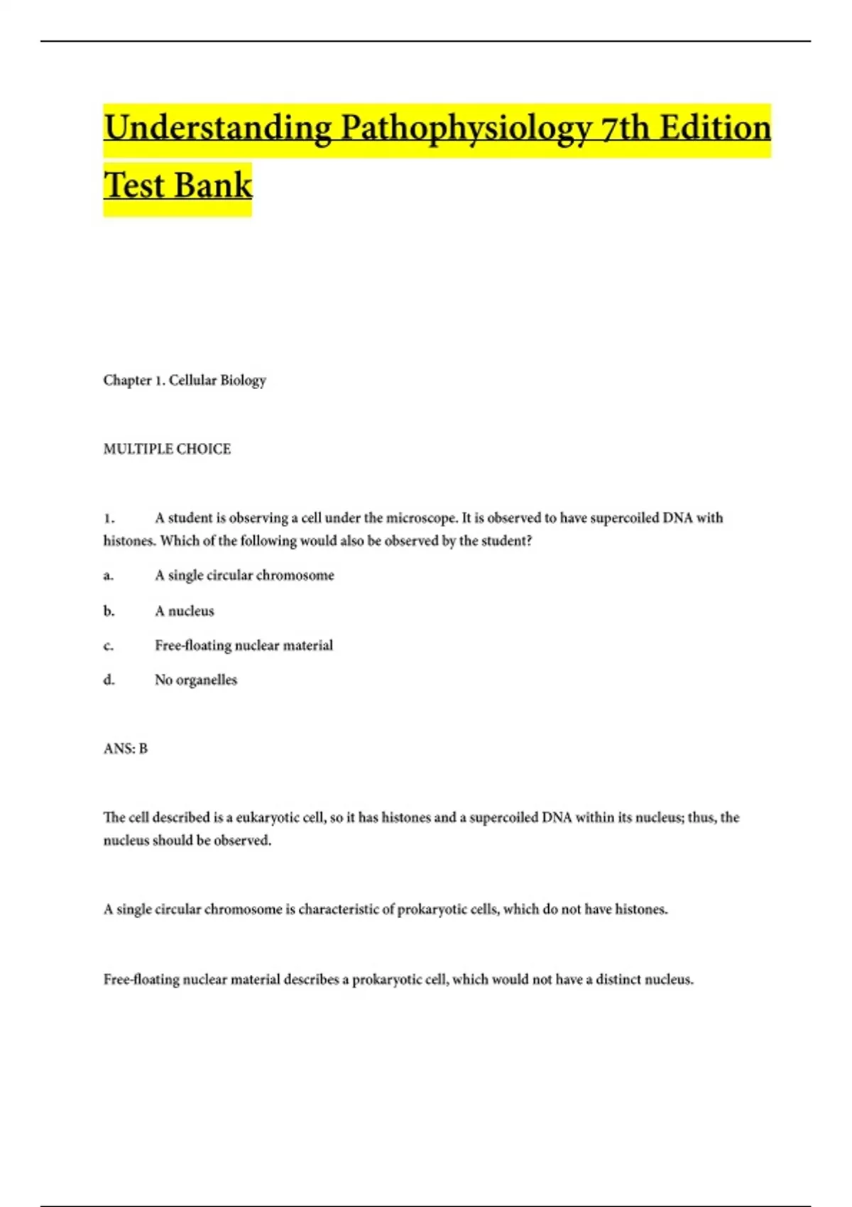 TEST BANK FOR UNDERSTANDING PATHOPHYSIOLOGY 7TH EDITION BY SUE HUENTHER ...