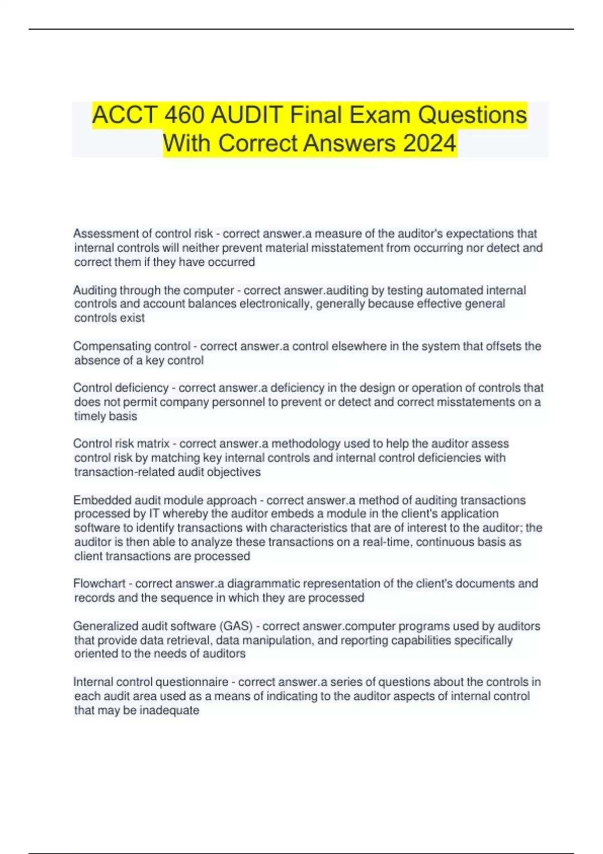 ACCT 460 AUDIT Final Exam Questions With Correct Answers 2024 - ACCT ...