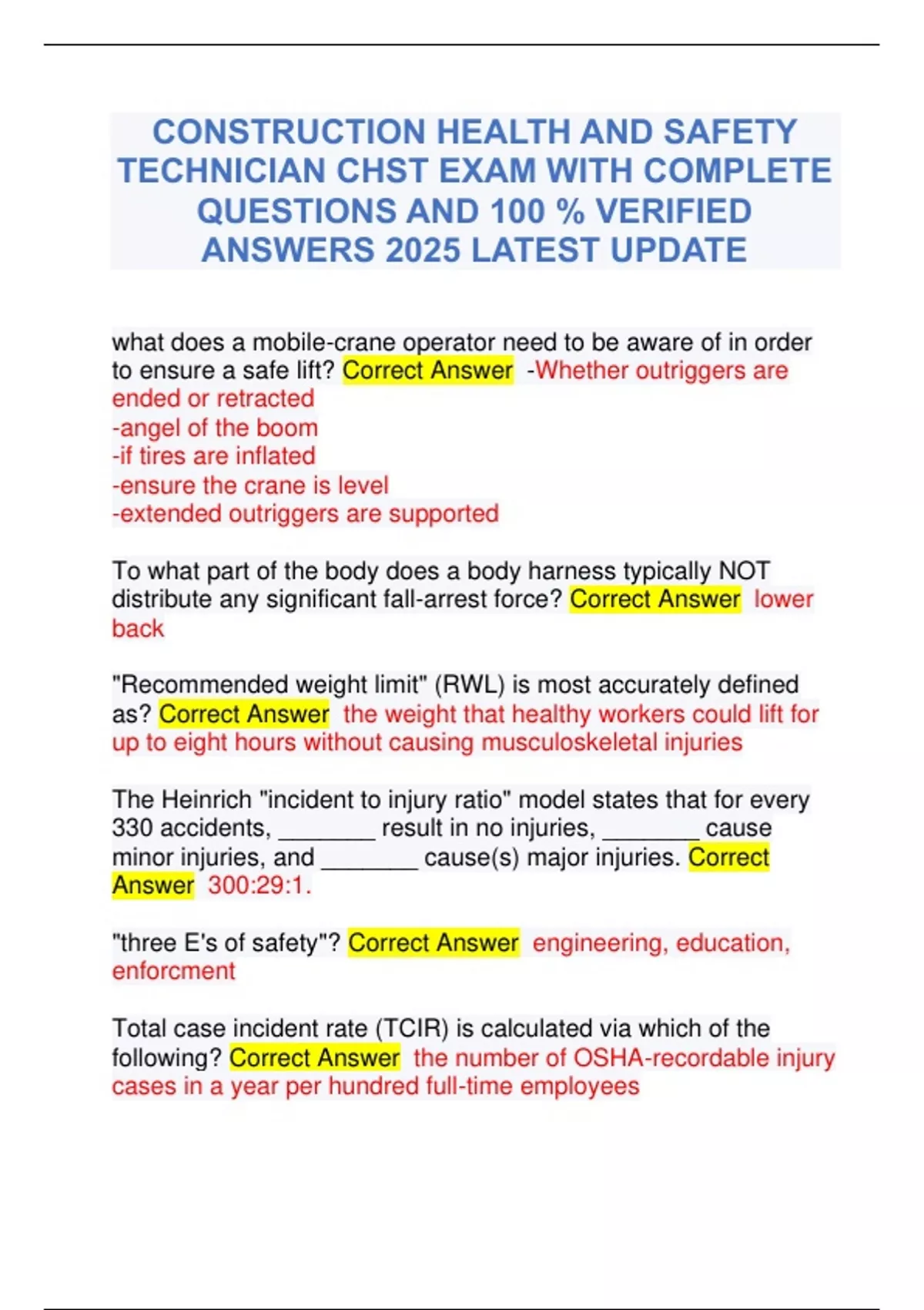 CONSTRUCTION HEALTH AND SAFETY TECHNICIAN CHST EXAM WITH COMPLETE ...