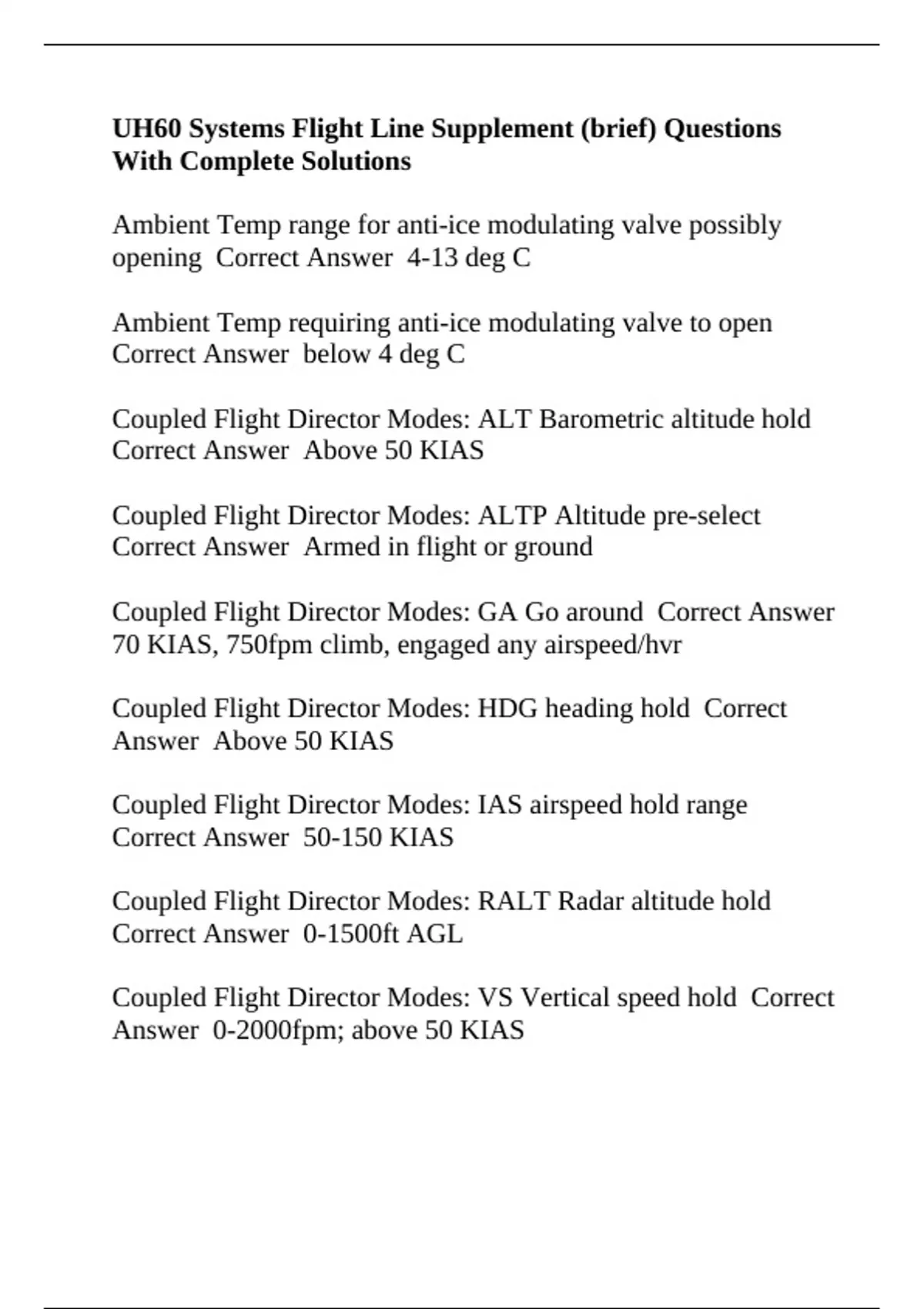 UH60 Systems Flight Line Supplement (brief) Questions With Complete ...