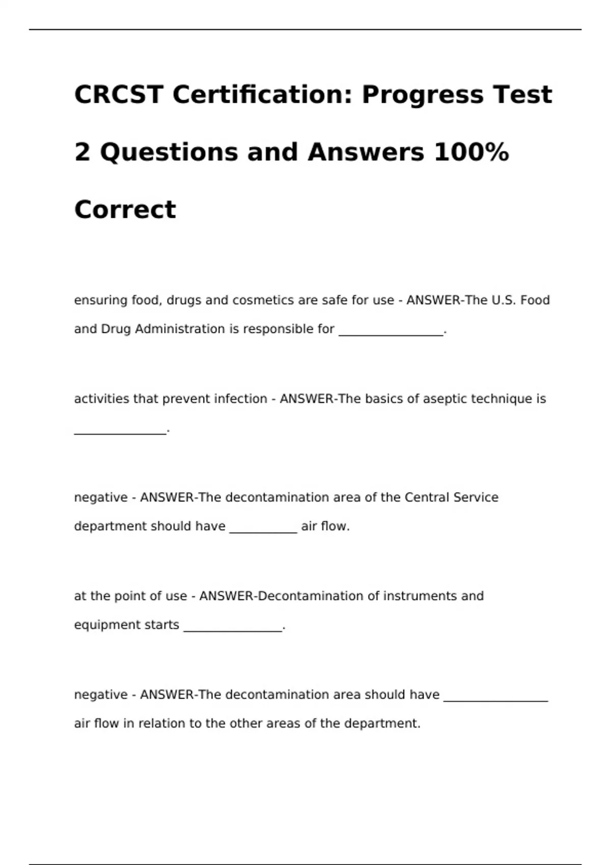 CRCST Certification: Progress Test 2 Questions and Answers 100% Correct ...