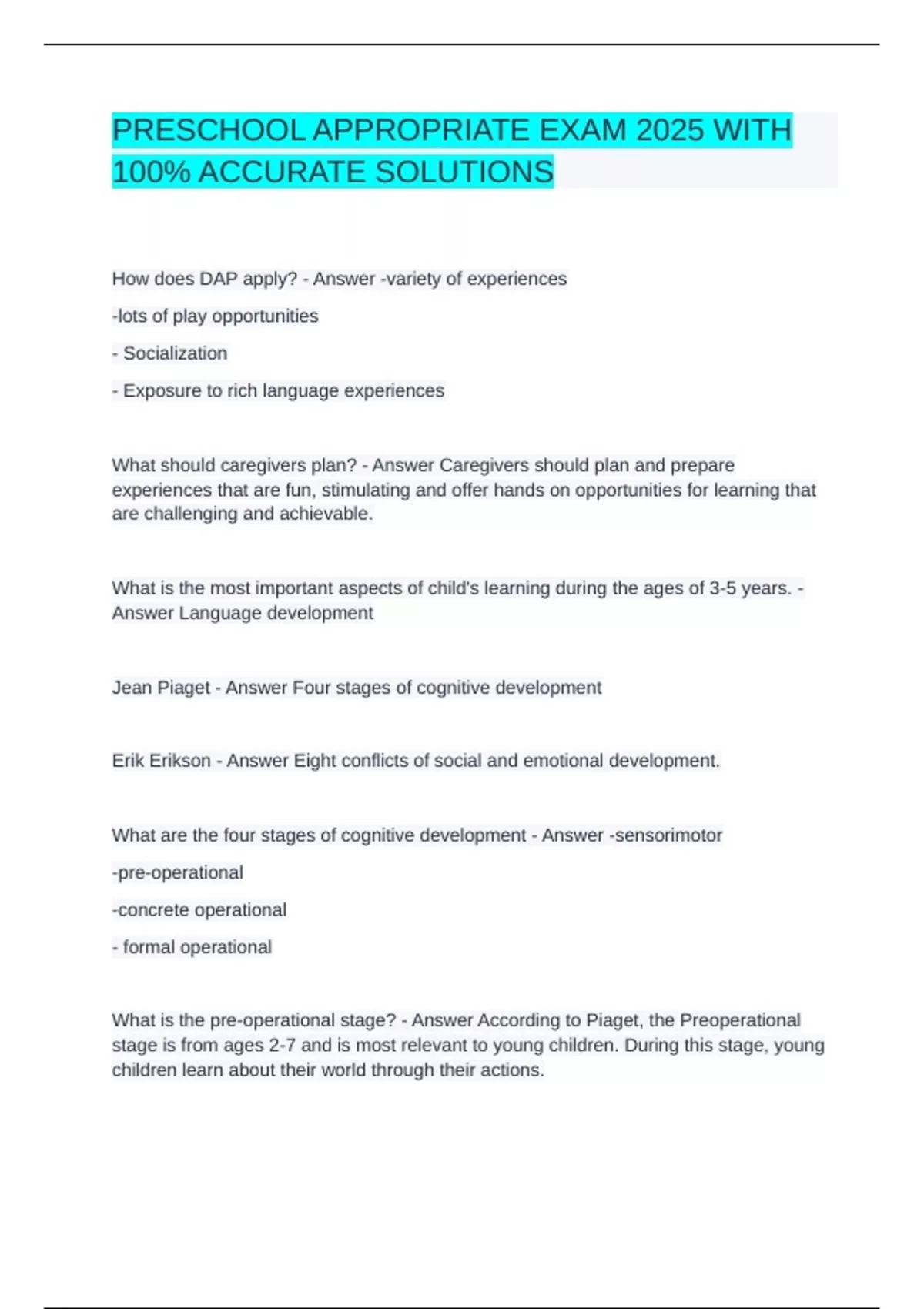 PRESCHOOL APPROPRIATE EXAM 2025 WITH 100% ACCURATE SOLUTIONS ...