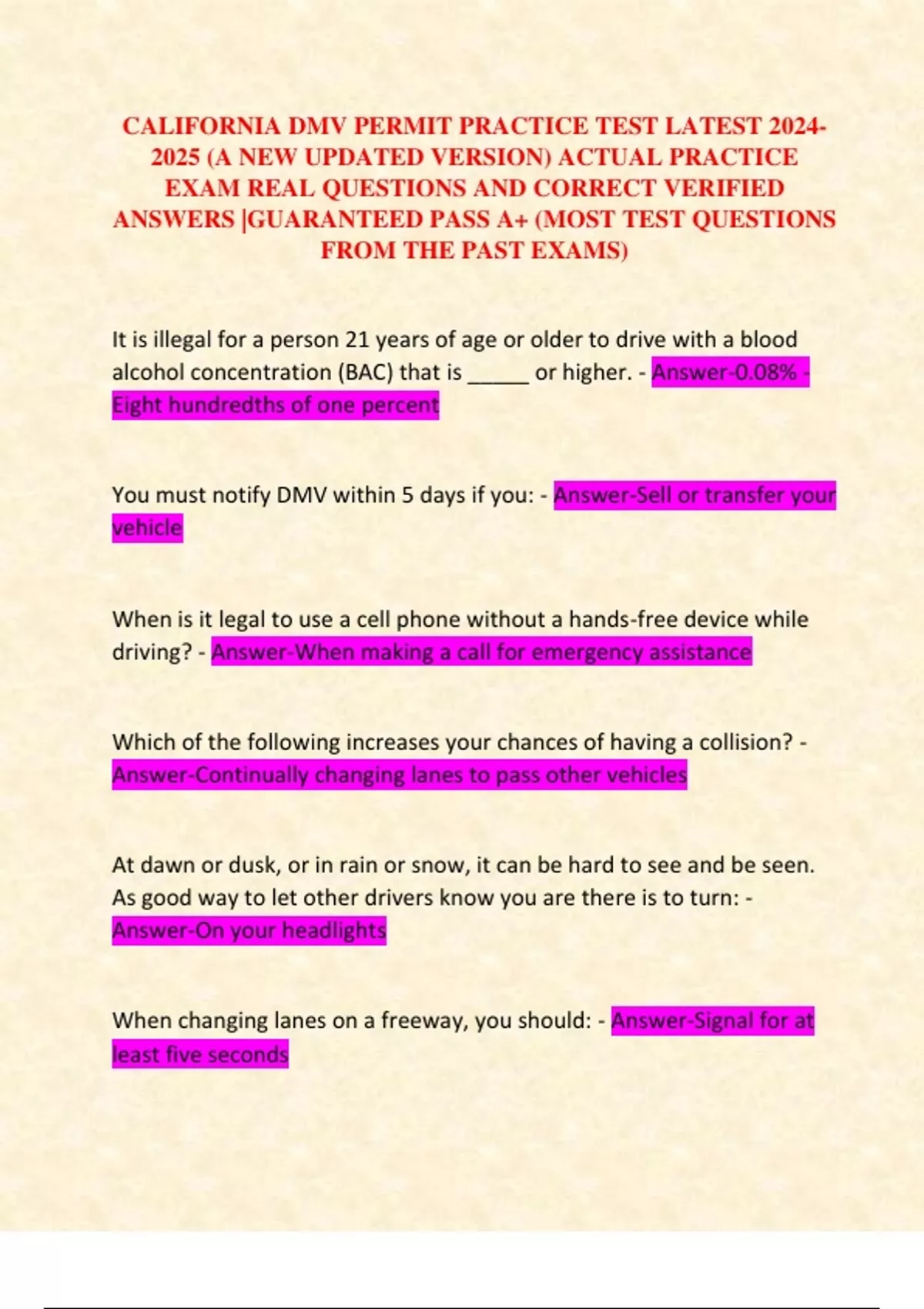 CALIFORNIA DMV PERMIT PRACTICE TEST LATEST (A NEW UPDATED VERSION ...