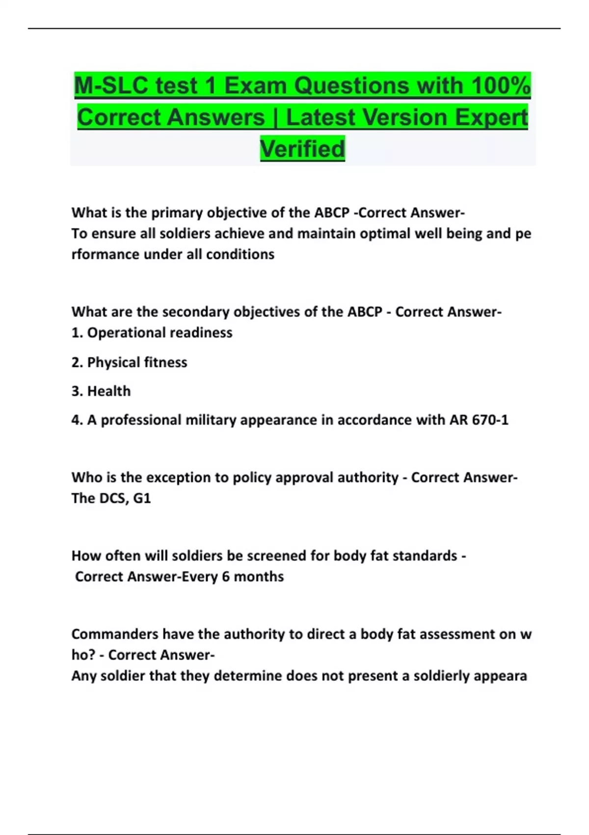 M-SLC test 1 Exam Questions with 100% Correct Answers | Latest Version ...
