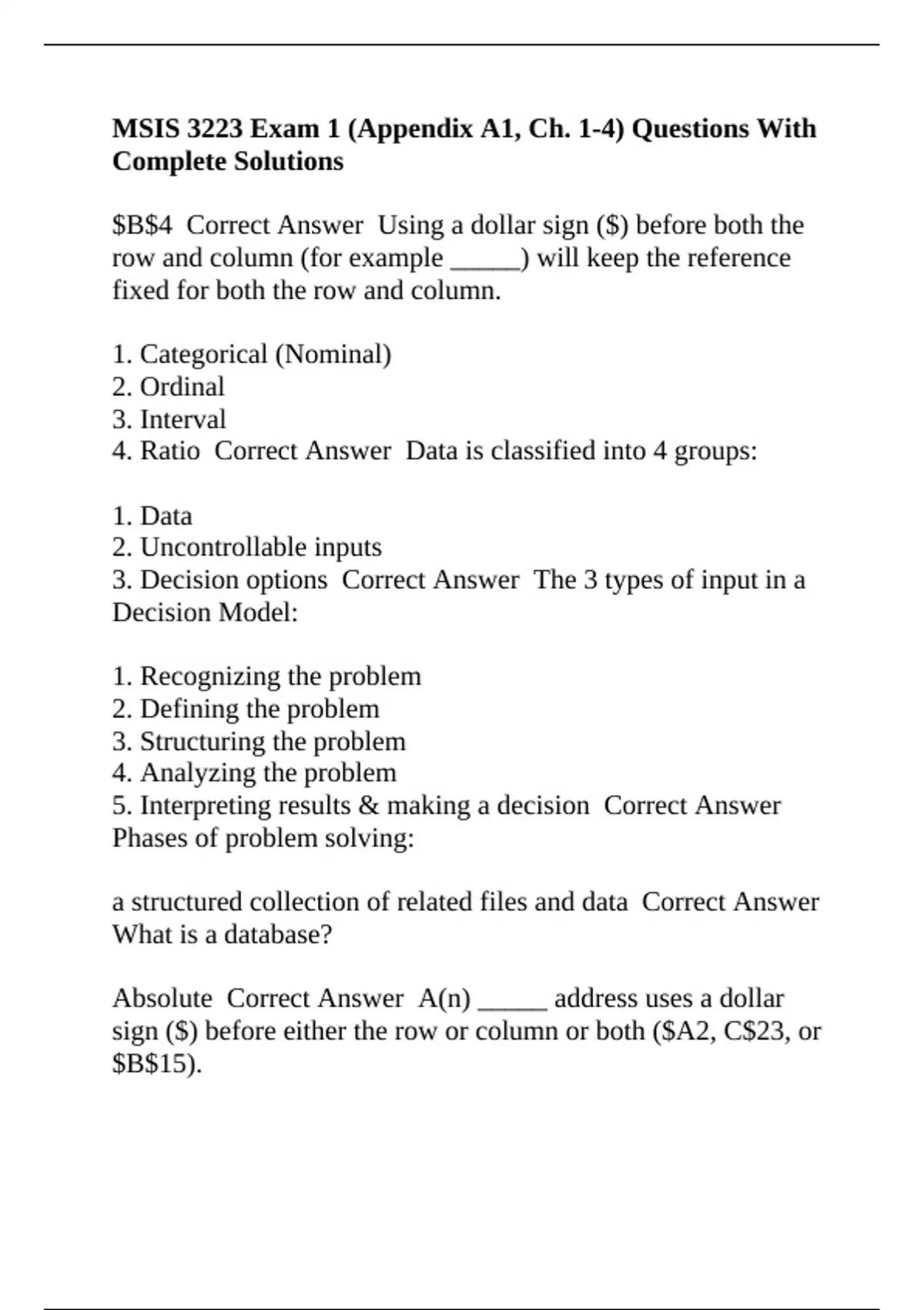MSIS 3223 Exam 1 (Appendix A1, Ch. 1-4) Questions With Complete ...