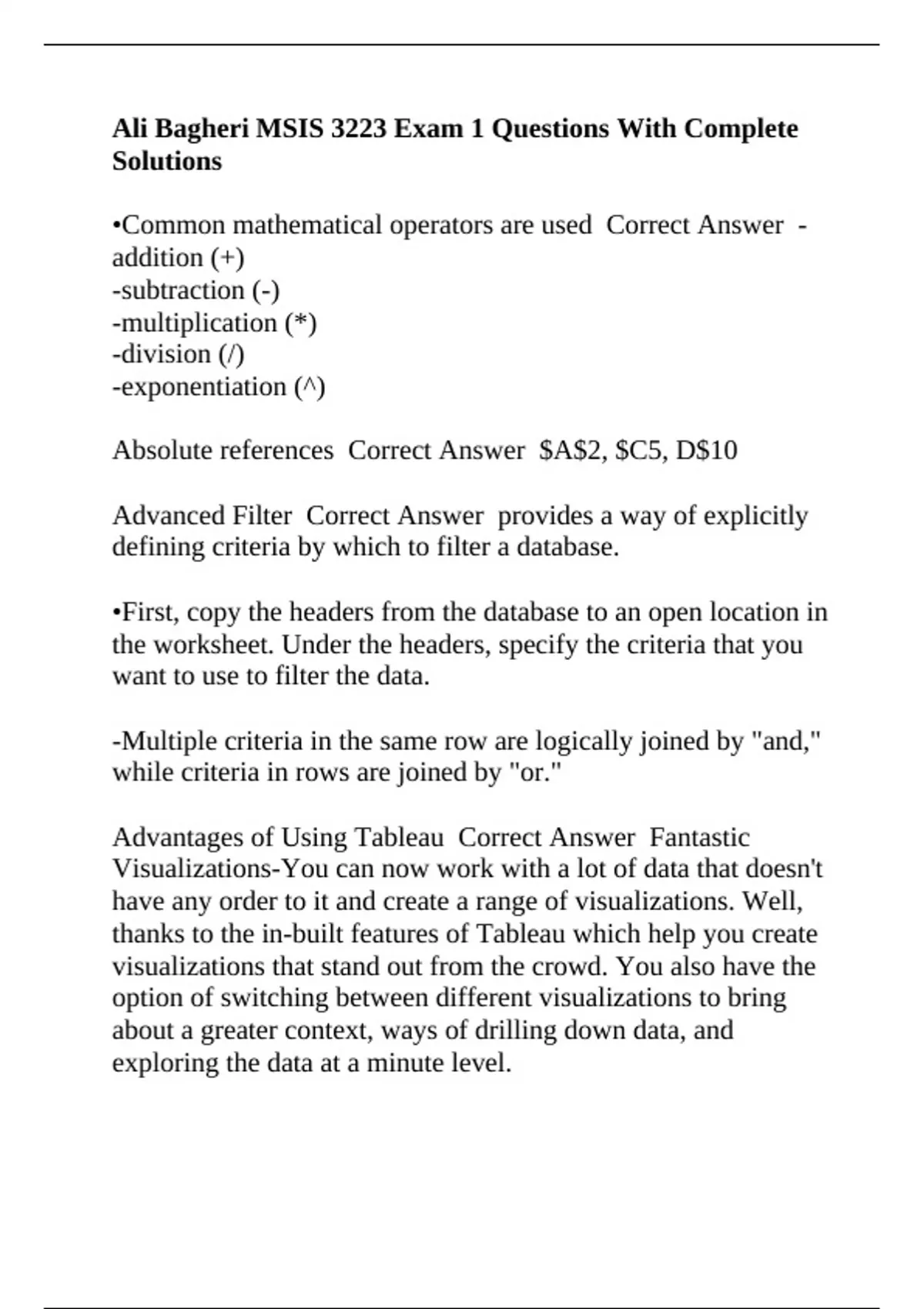 Ali Bagheri MSIS 3223 Exam 1 Questions With Complete Solutions - MSIS 3223 - Stuvia US