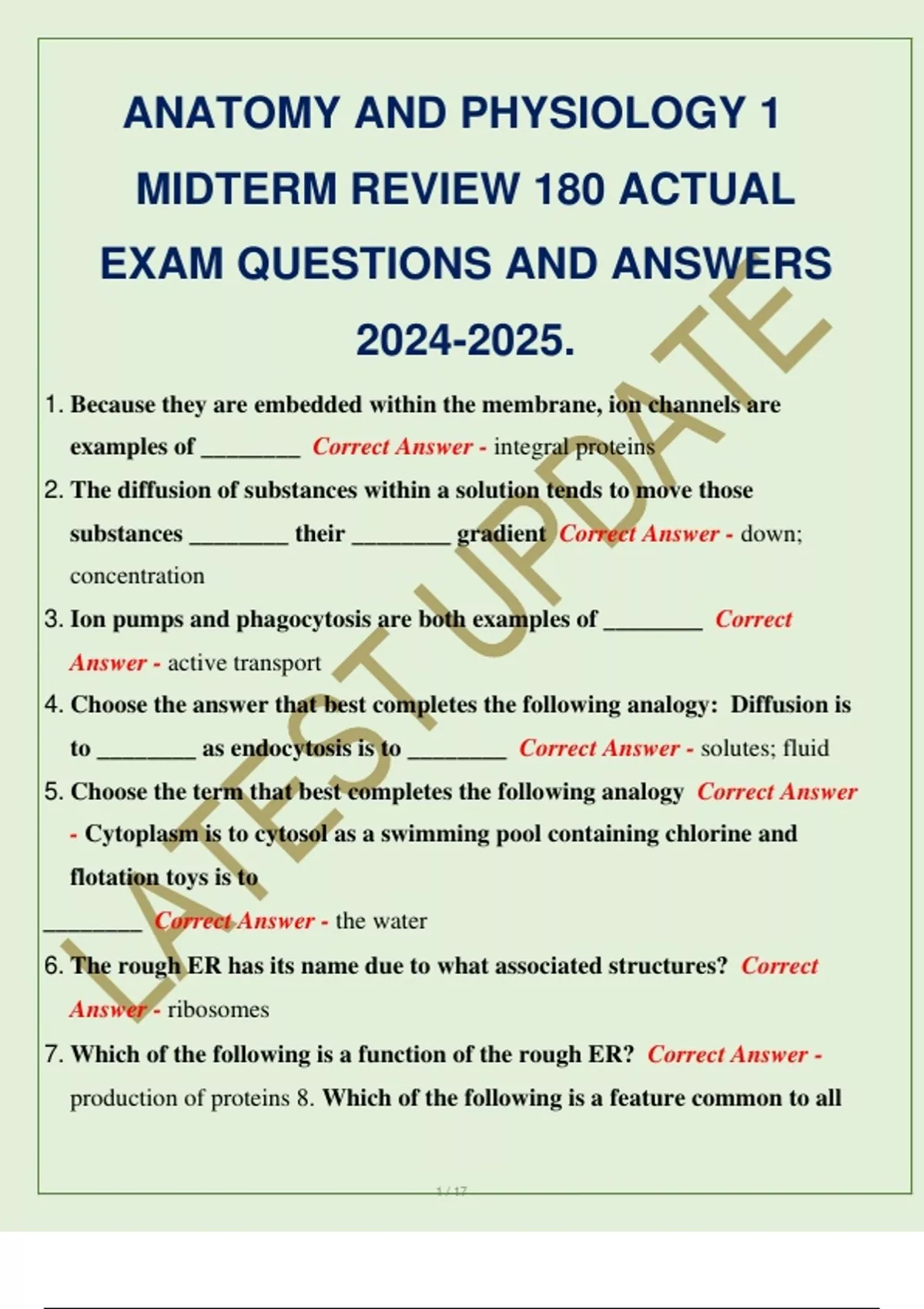 ANATOMY AND PHYSIOLOGY 1 MIDTERM REVIEW 180 ACTUAL EXAM QUESTIONS AND ANSWERS - ANATOMY AND ...