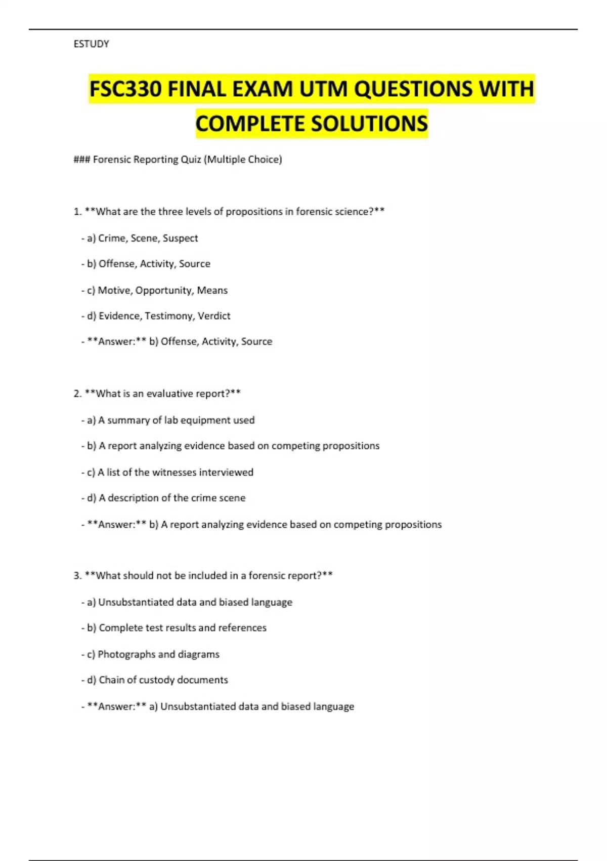 FSC330 FINAL EXAM UTM QUESTIONS WITH COMPLETE SOLUTIONS - FSC330 - Stuvia US