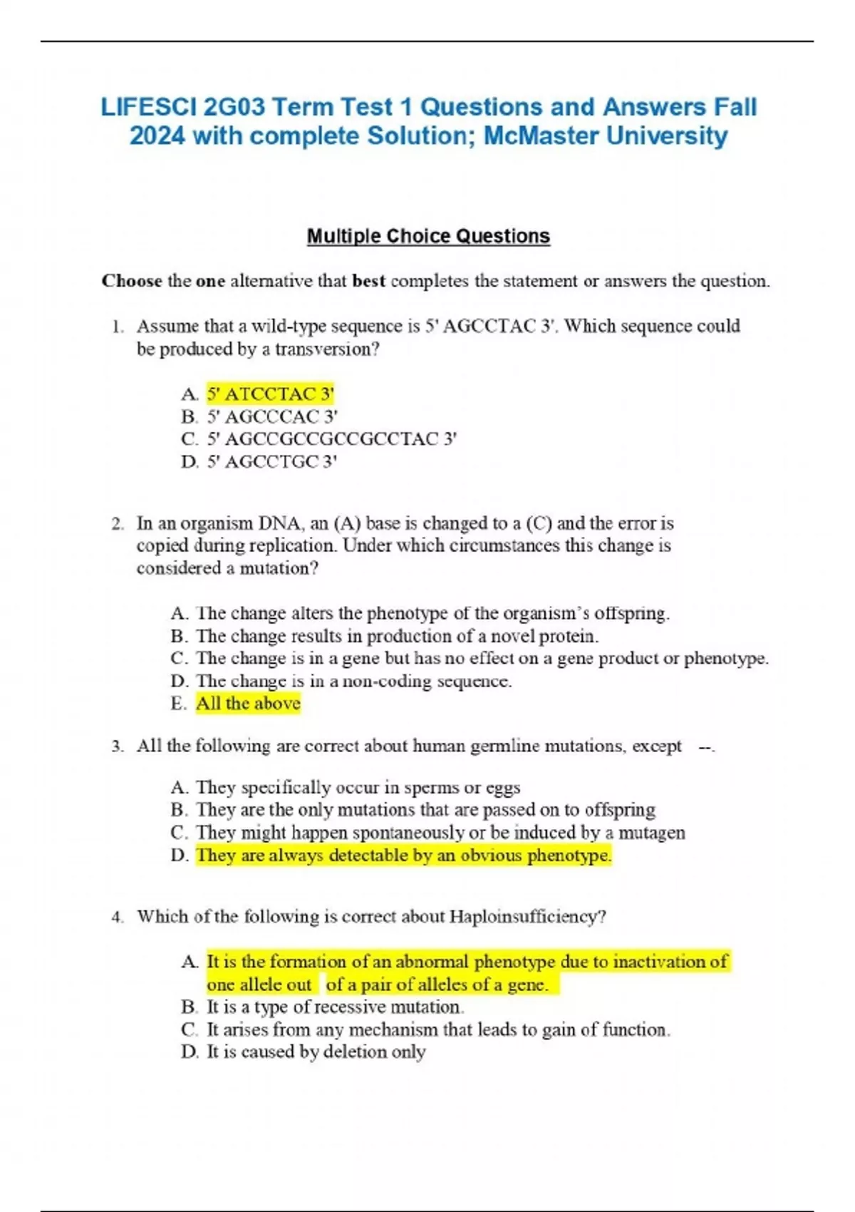 LIFESCI 2G03 Term Test 1 Questions and Answers Fall 2024 with complete ...