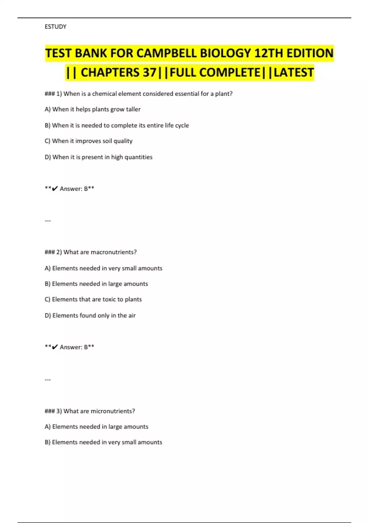 TEST BANK FOR CAMPBELL BIOLOGY 12TH EDITION || CHAPTERS 37||FULL ...