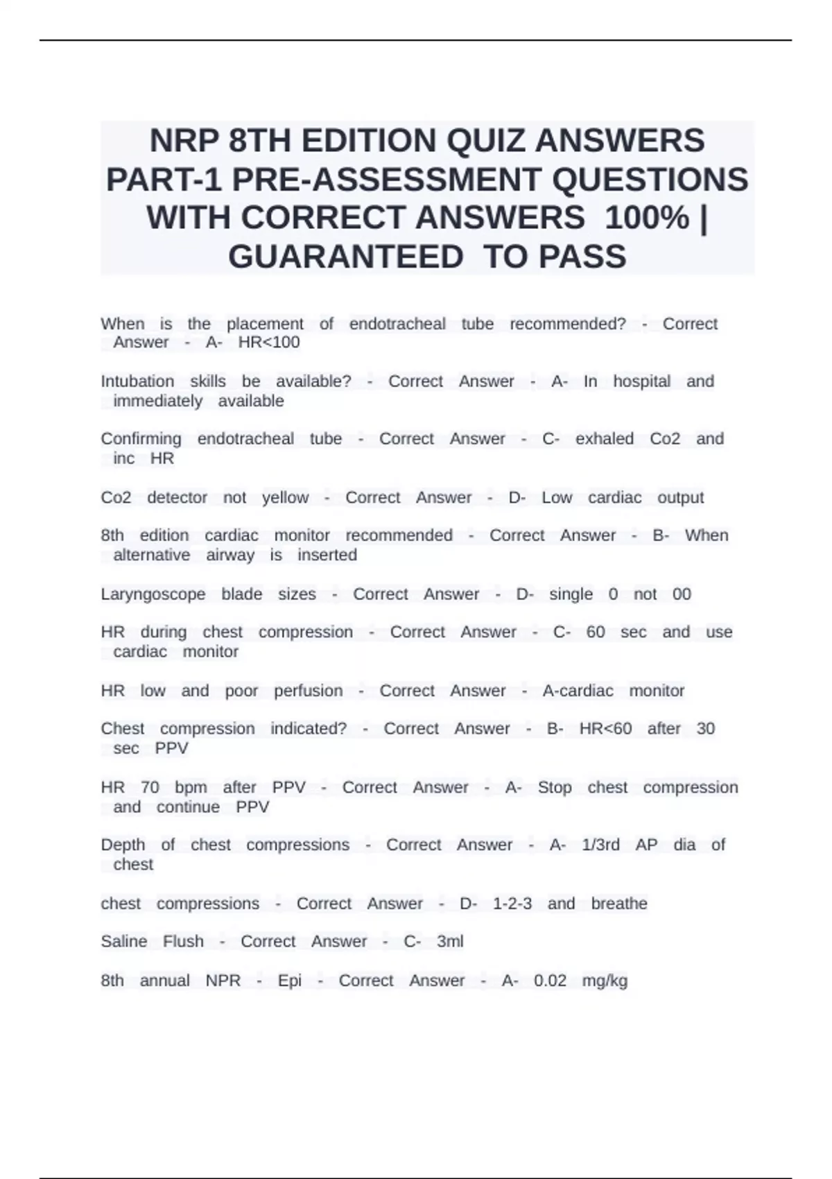 NRP 8TH EDITION QUIZ ANSWERS PART-1 PRE-ASSESSMENT QUESTIONS WITH ...
