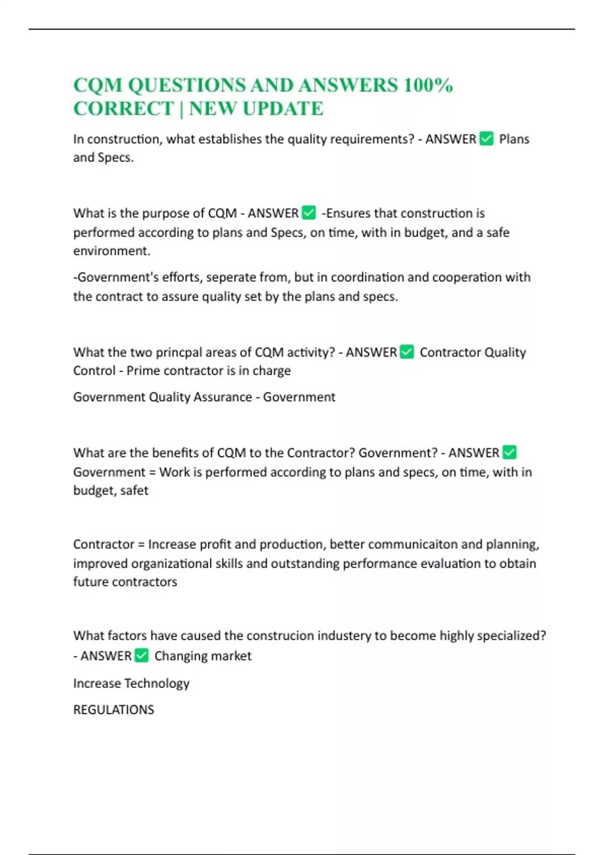 CQM QUESTIONS AND ANSWERS 100% CORRECT | NEW UPDATE - CQM-C - Stuvia US