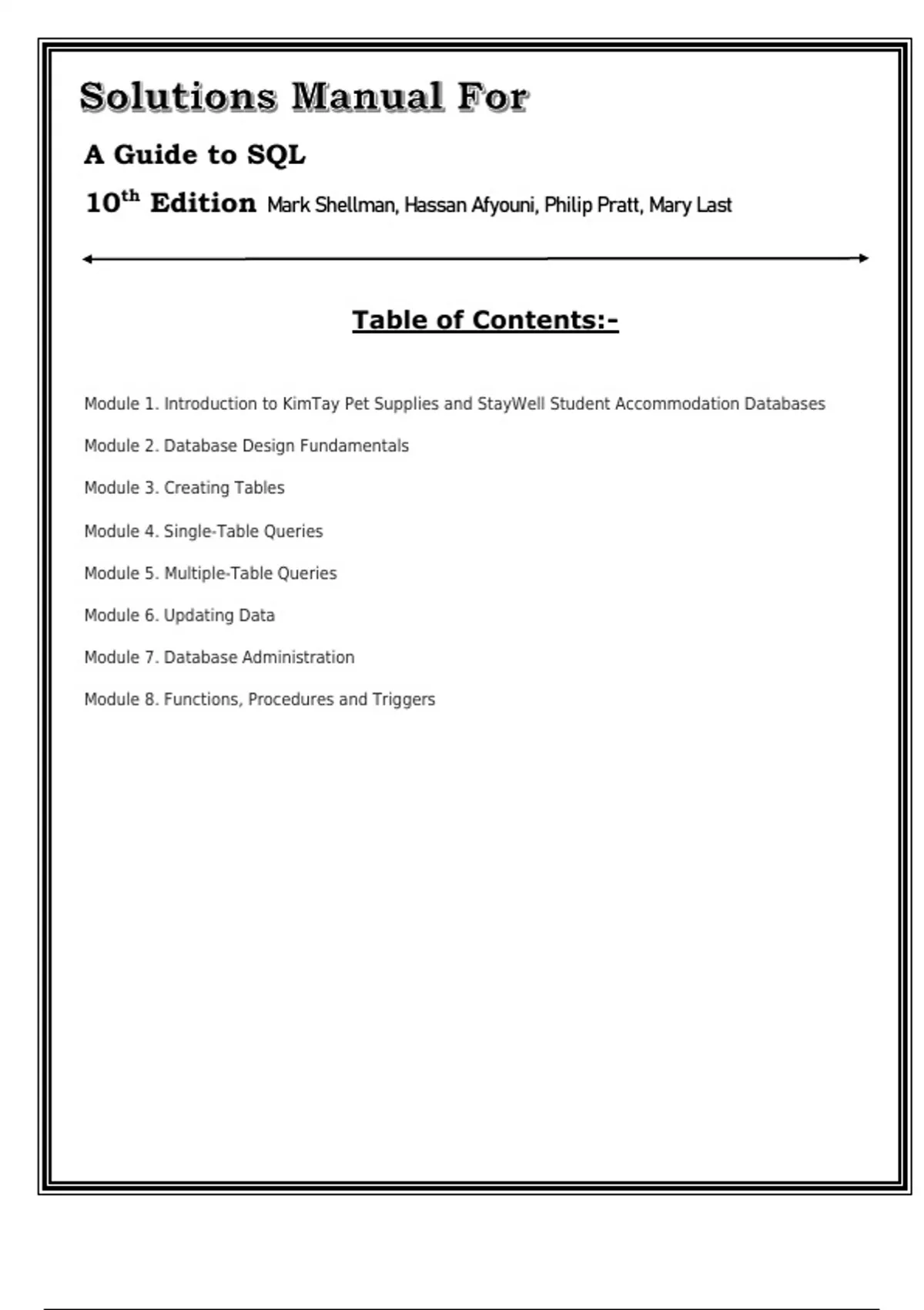 Solutions Manual, Solutions For A Guide to SQL, 10th Edition, Mark Shellman, Afyouni, Pratt ...