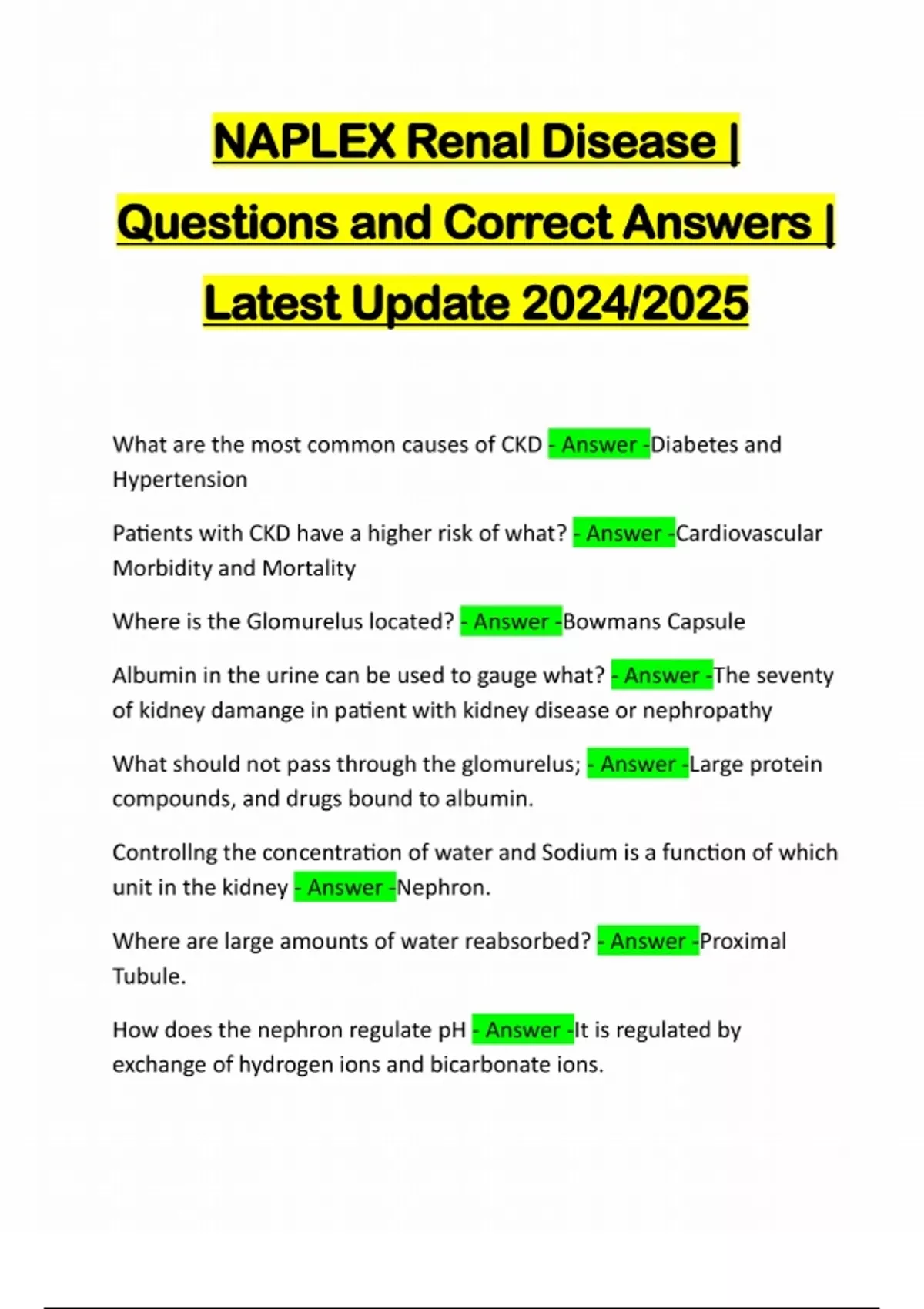 NAPLEX Renal Disease | Questions and Correct Answers | Latest Update ...