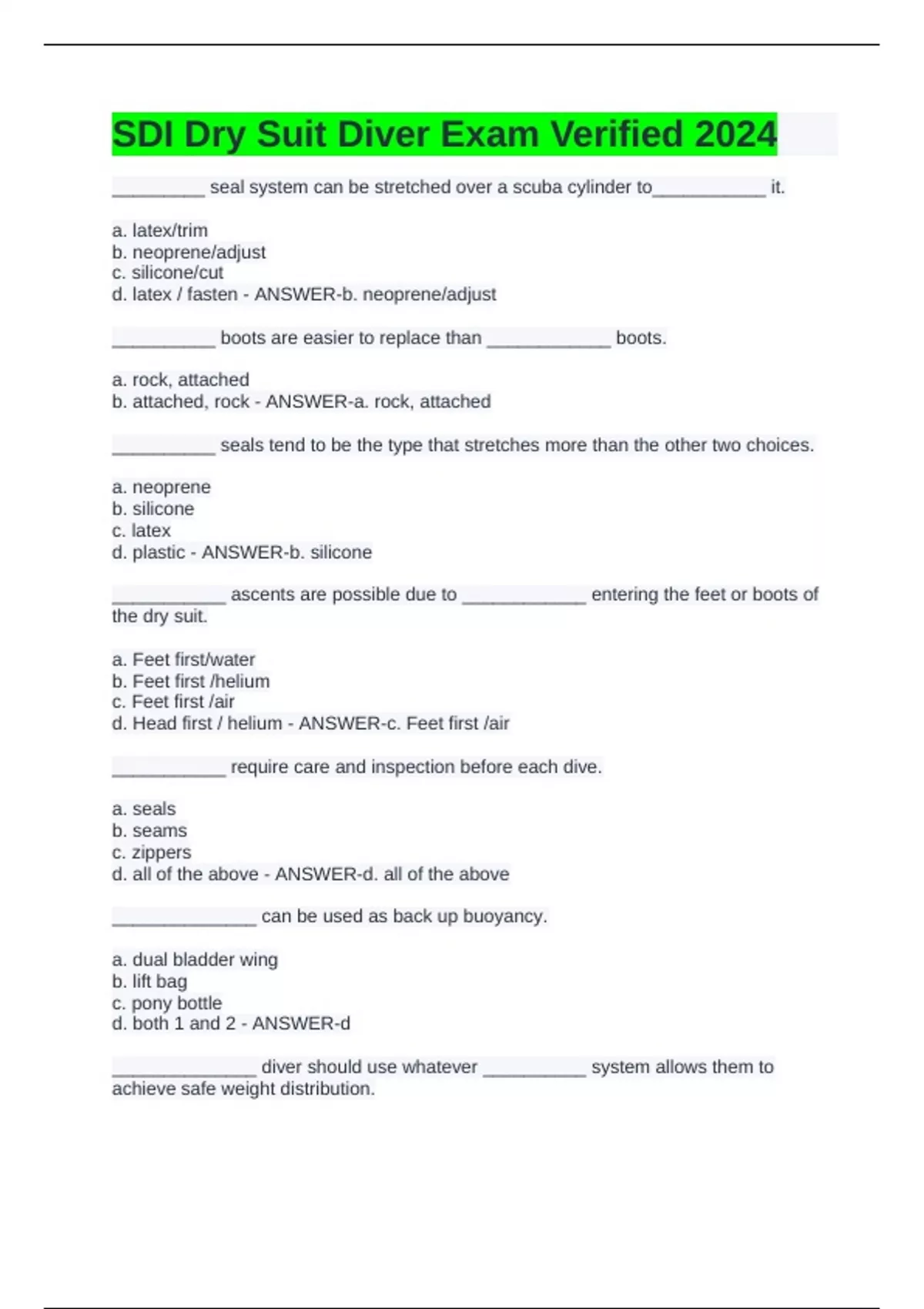 SDI Dry Suit Diver Exam Verified 2024 - SDI - Stuvia US