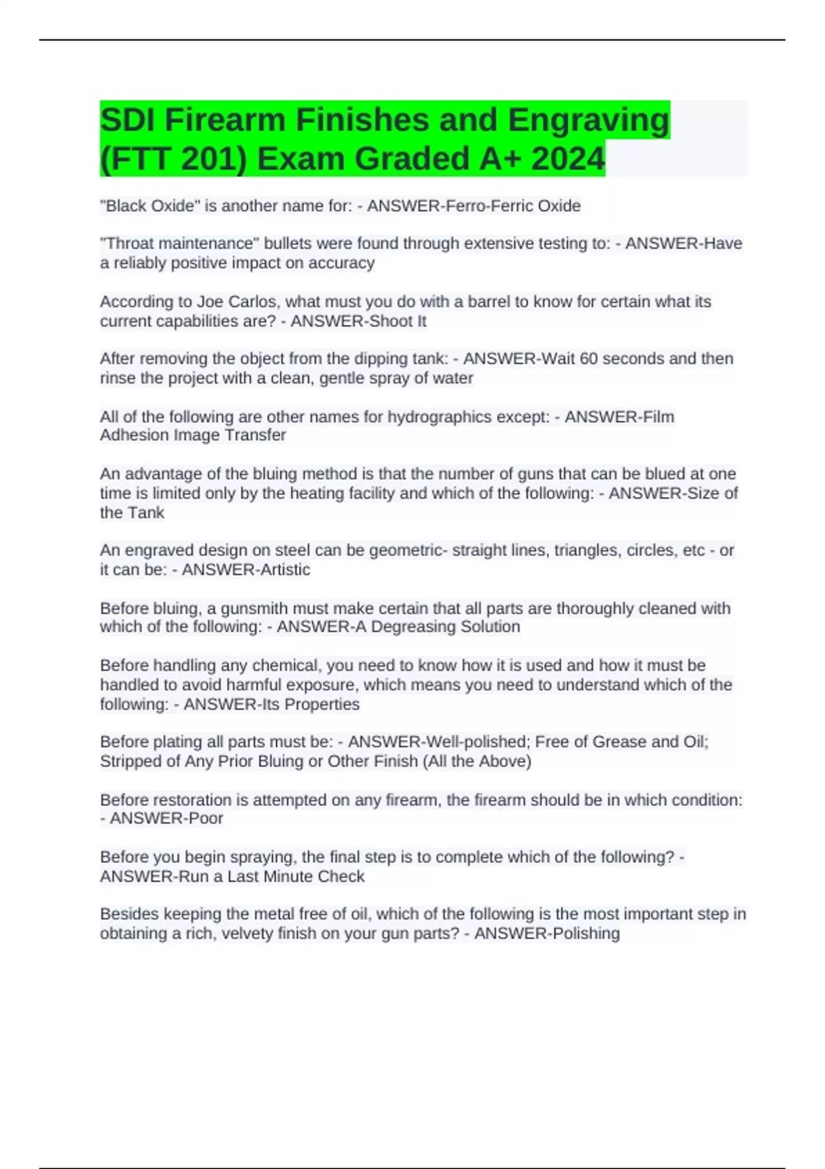 SDI Firearm Finishes and Engraving (FTT 201) Exam Graded A+ 2024 - SDI - Stuvia US