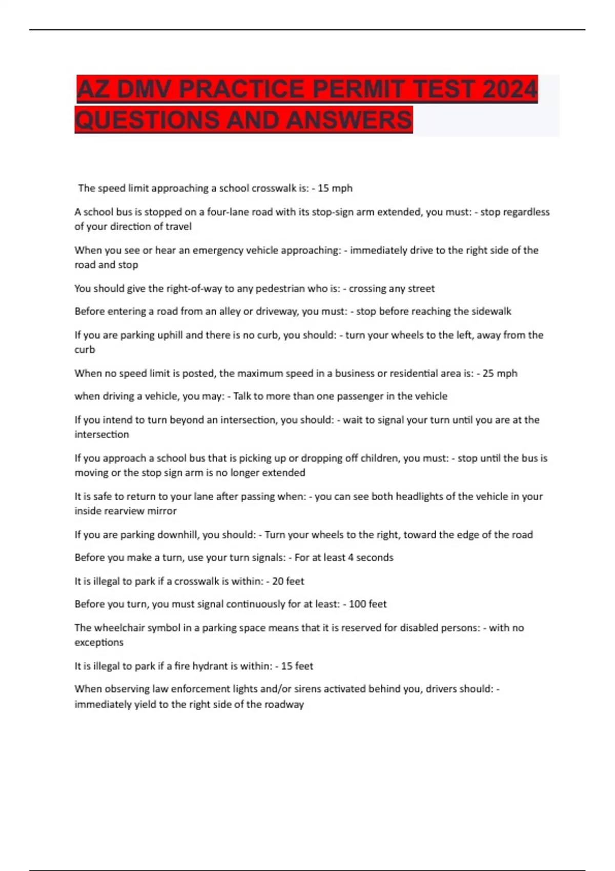 AZ DMV Practice Permit Test 2024 - AZ DMV Practice Permit - Stuvia US