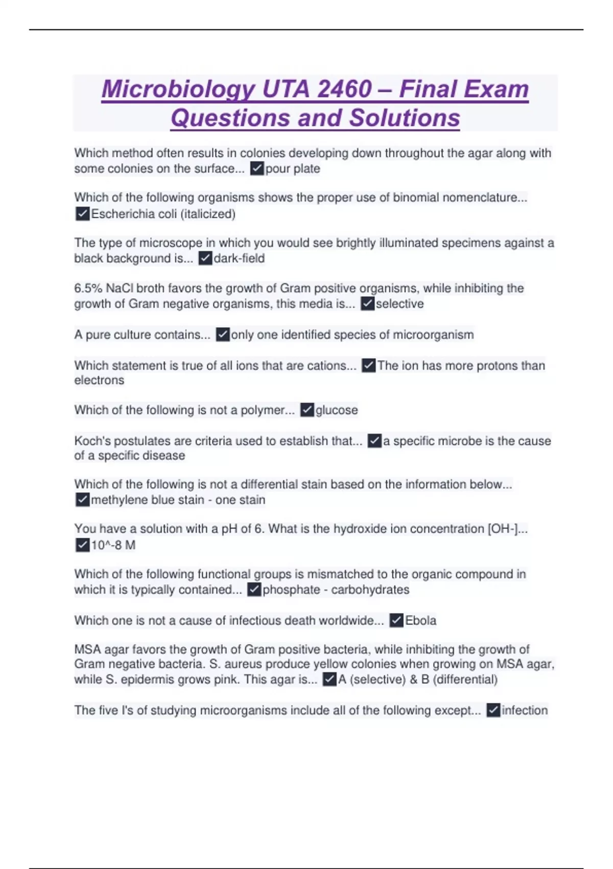 Microbiology UTA 2460 – Final Exam Questions and Solutions - BIO 2460 ...