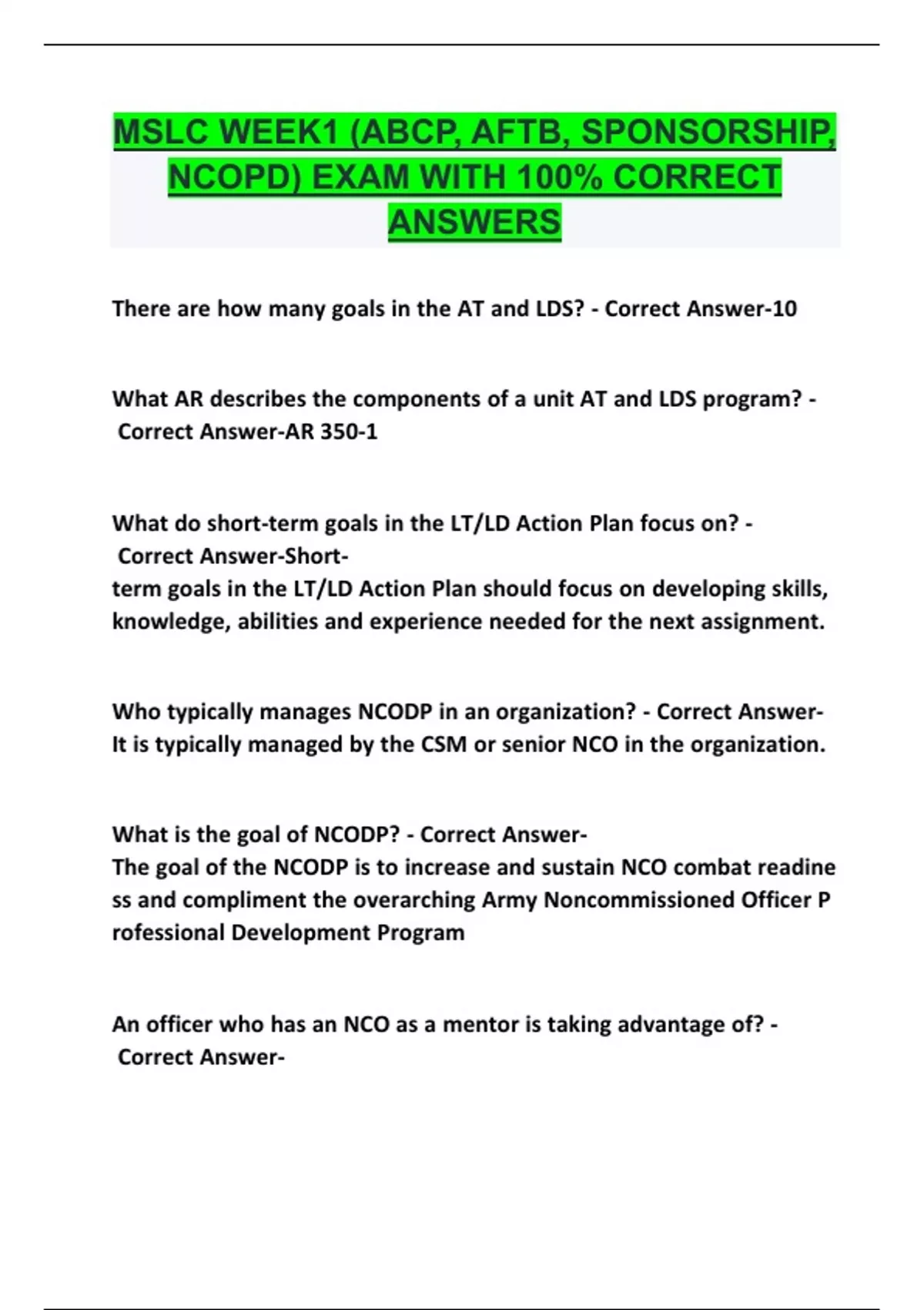 MSLC WEEK1 (ABCP, AFTB, SPONSORSHIP, NCOPD) EXAM WITH 100% CORRECT ...
