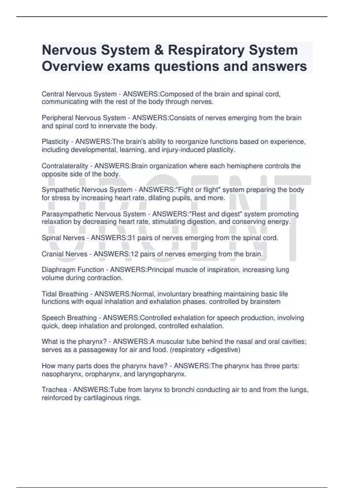 Nervous System & Respiratory System Overview exams questions and ...