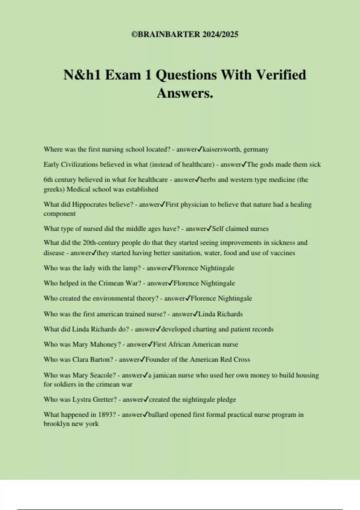 N&h1 Exam 1 Questions With Verified Answers - N&h1 - Stuvia US